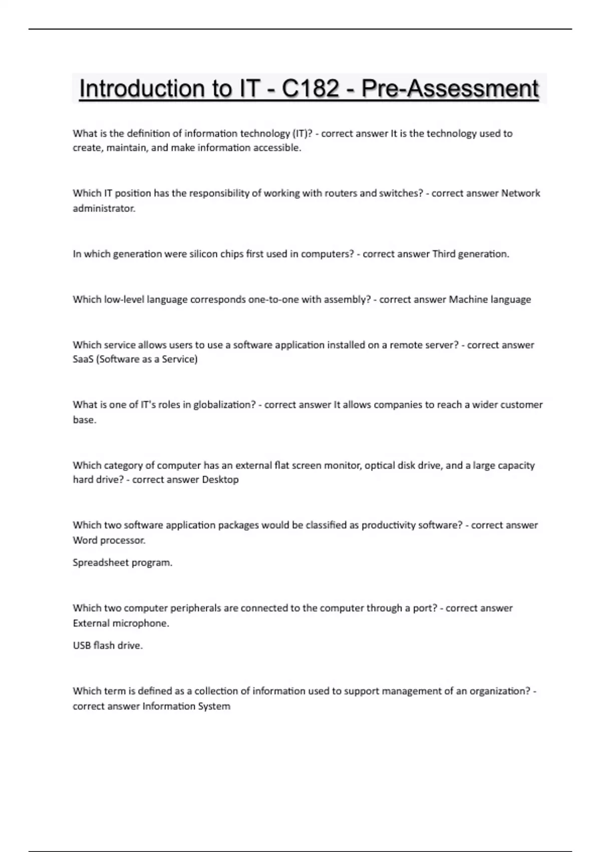 Introduction to IT - C182 - Pre-Assessment Questions and answers latest ...