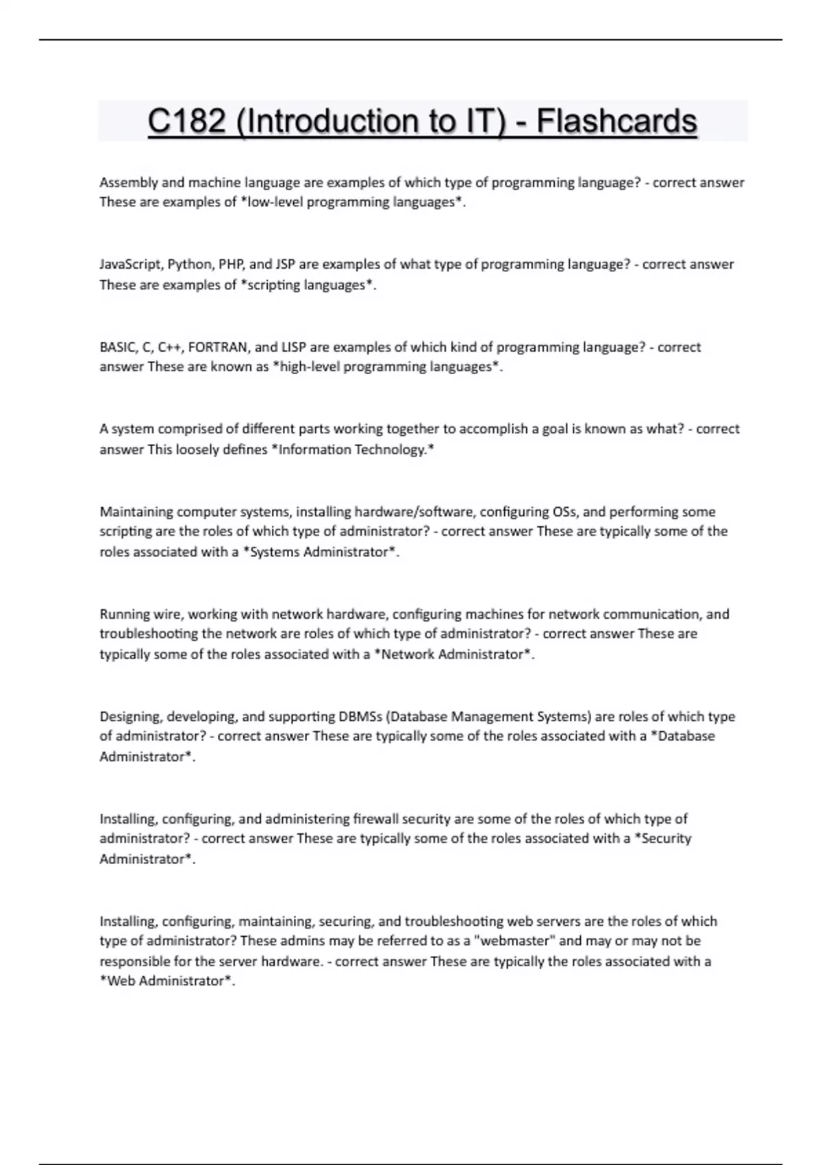 C182 (Introduction to IT) - Flashcards Questions and answers latest ...