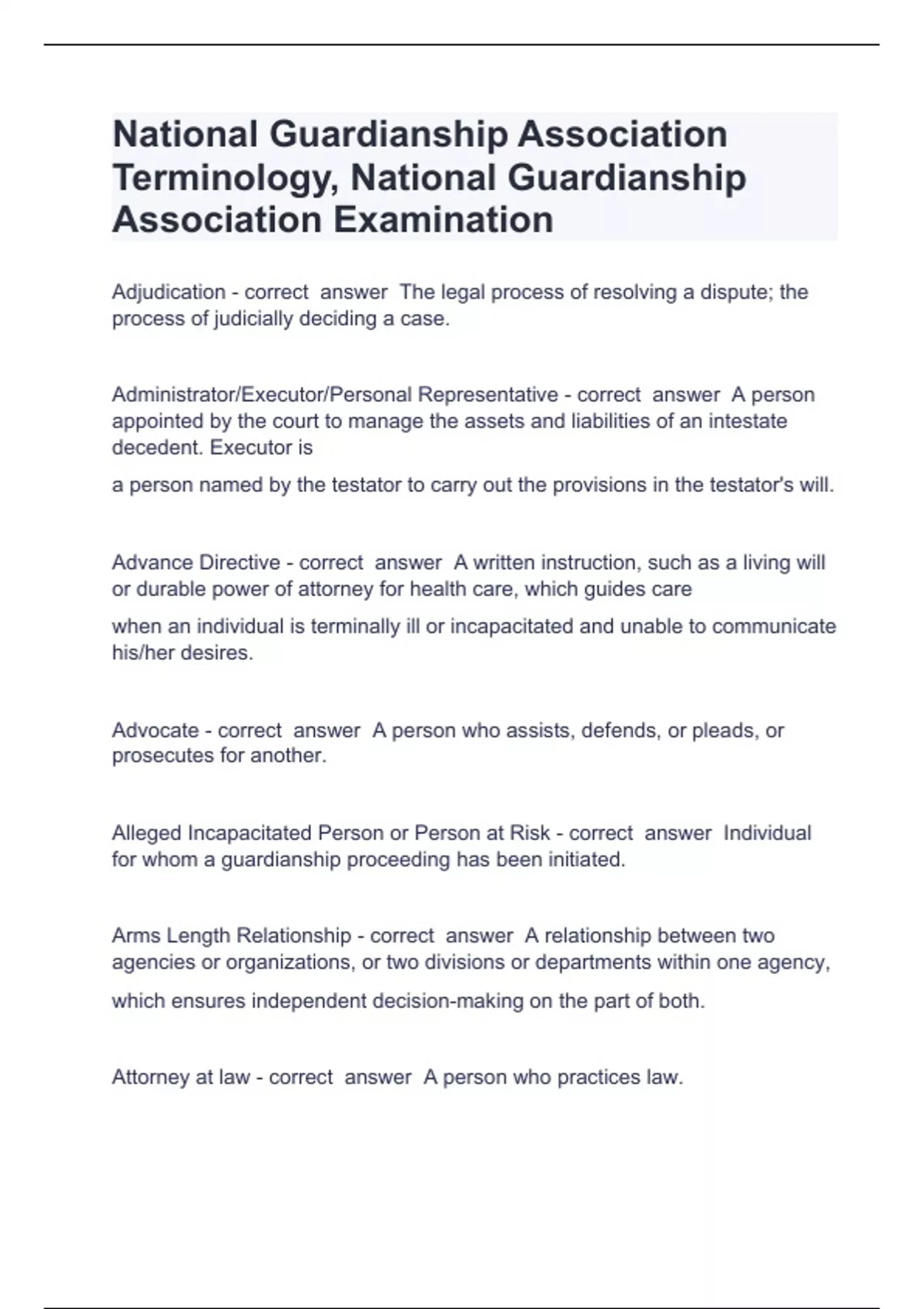 National Guardianship Association Terminology Questions with complete ...