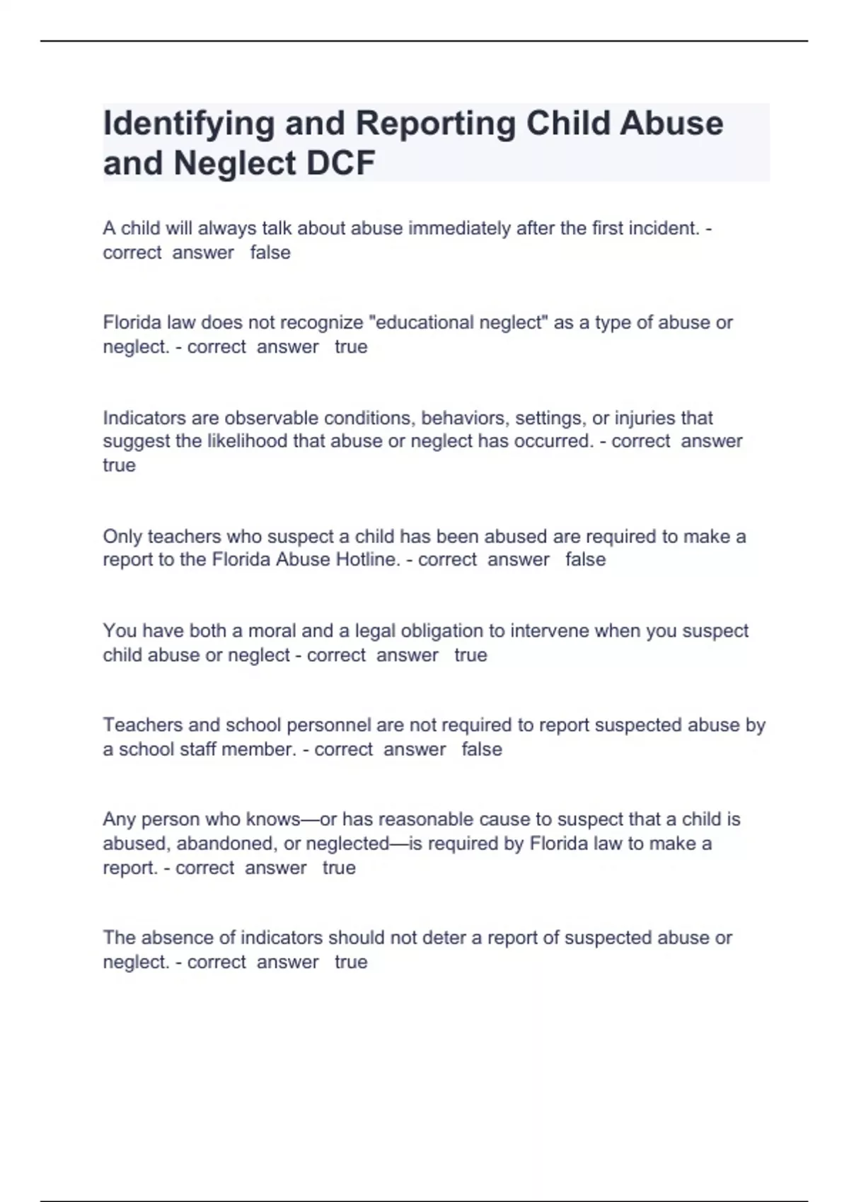 Identifying and Reporting Child Abuse and Neglect DCF Question and answers already passed 2024 ...