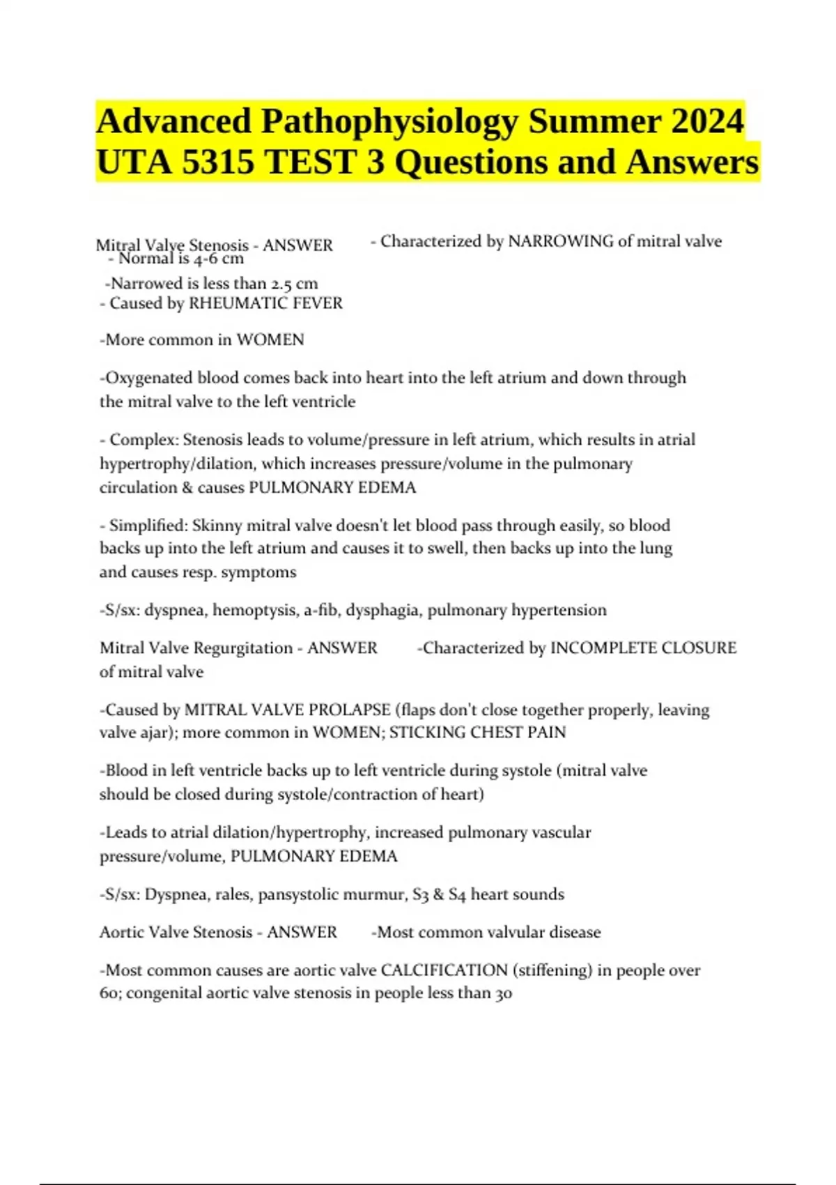 Advanced Pathophysiology Summer 2024 UTA 5315 TEST Questions and ...