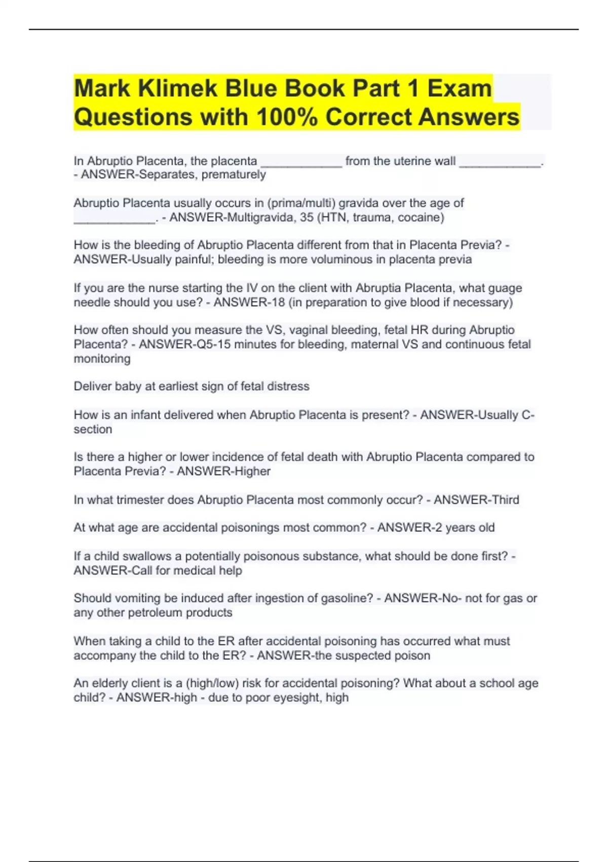 Mark Klimek Blue Book Part 1 Exam Questions with 100% Correct Answers ...
