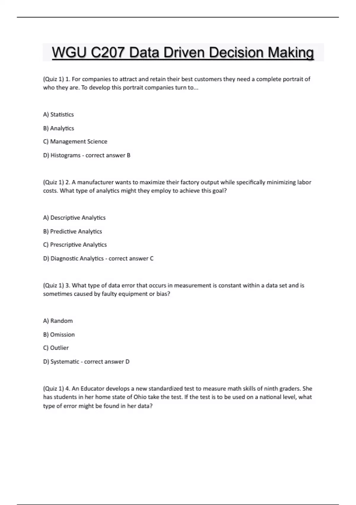 WGU C207 Data Driven Decision Making Questions and answers latest ...