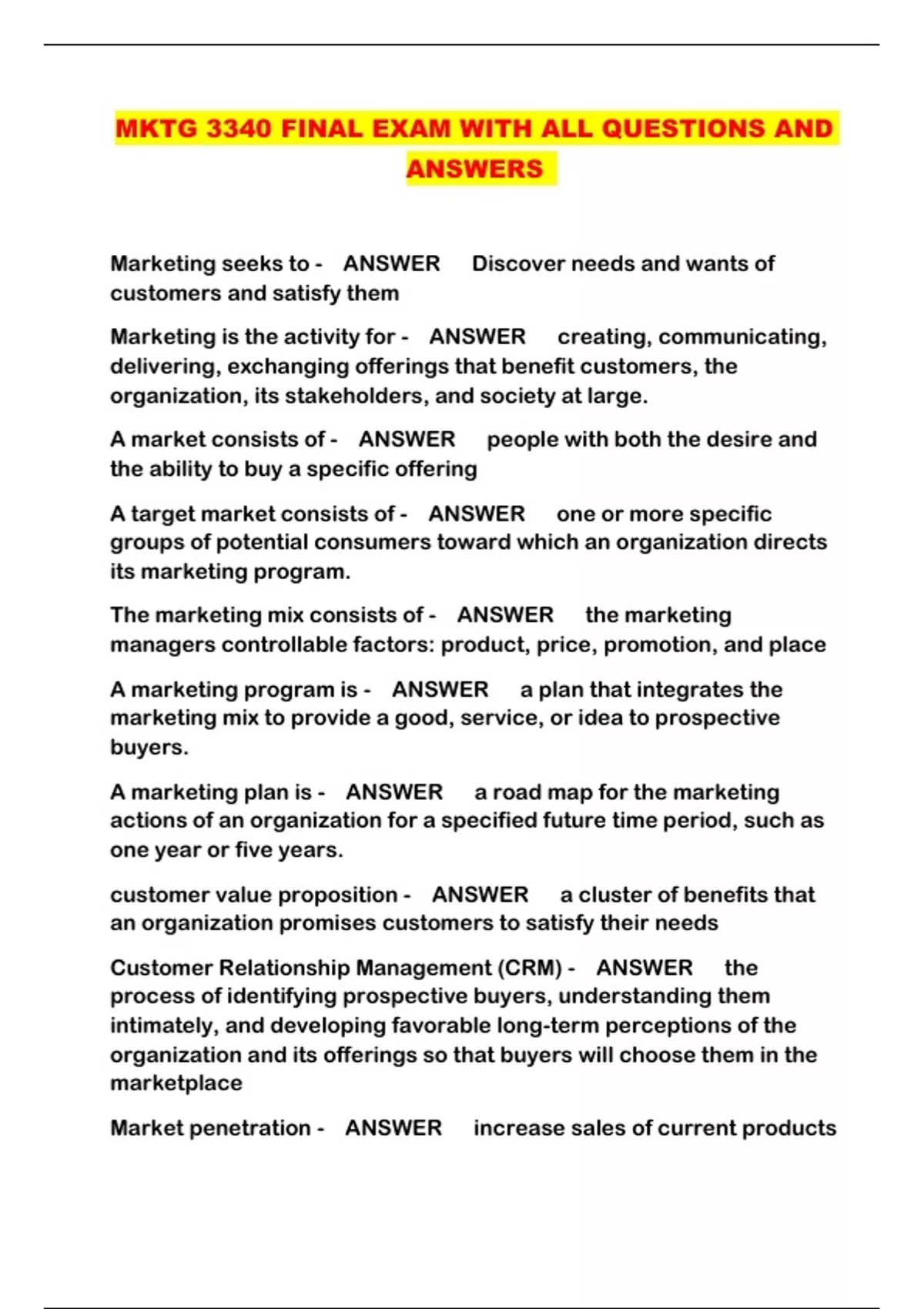 MKTG 3340 PACKAGED EXAMS 2024 - Stuvia US