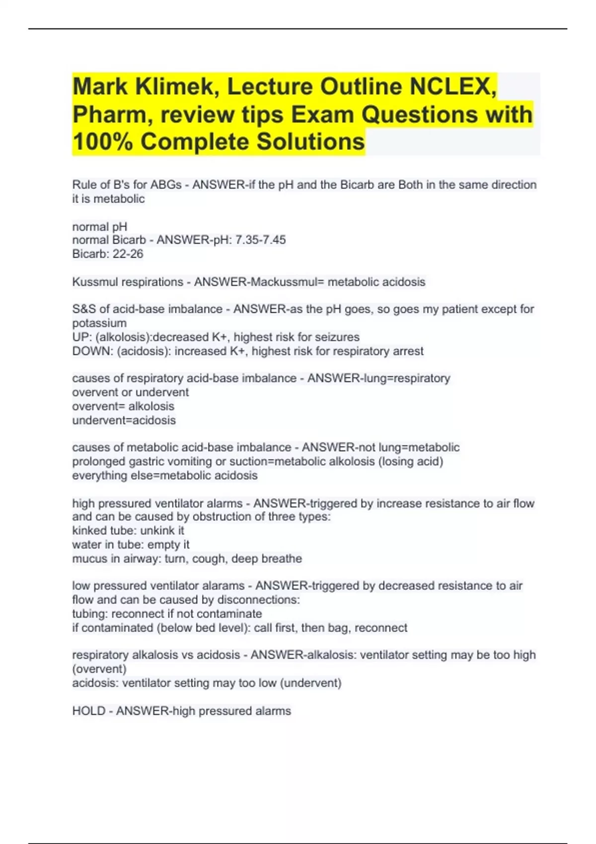 Mark Klimek, Lecture Outline NCLEX, Pharm, review tips Exam Questions ...