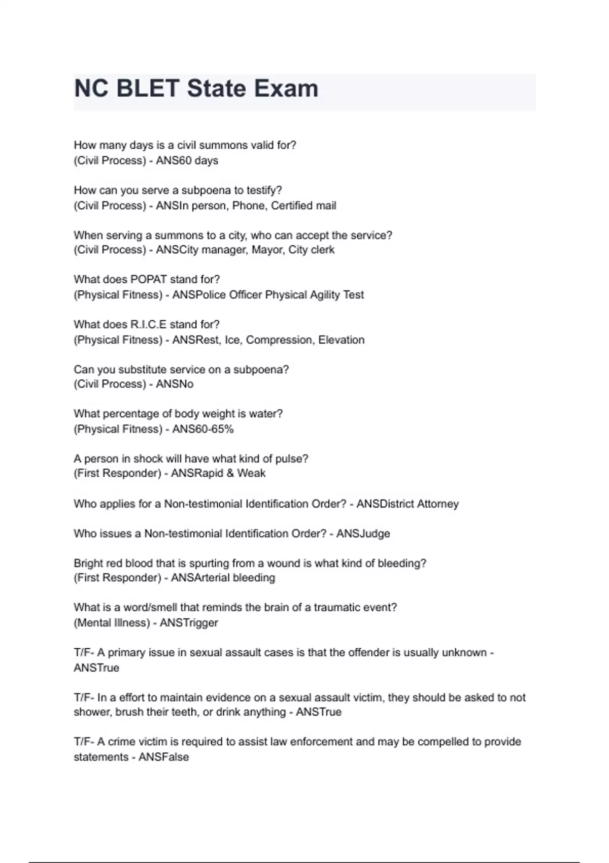 NC BLET State Exam 2024/2025 (100% verified) A+ score assured - NC BLET ...