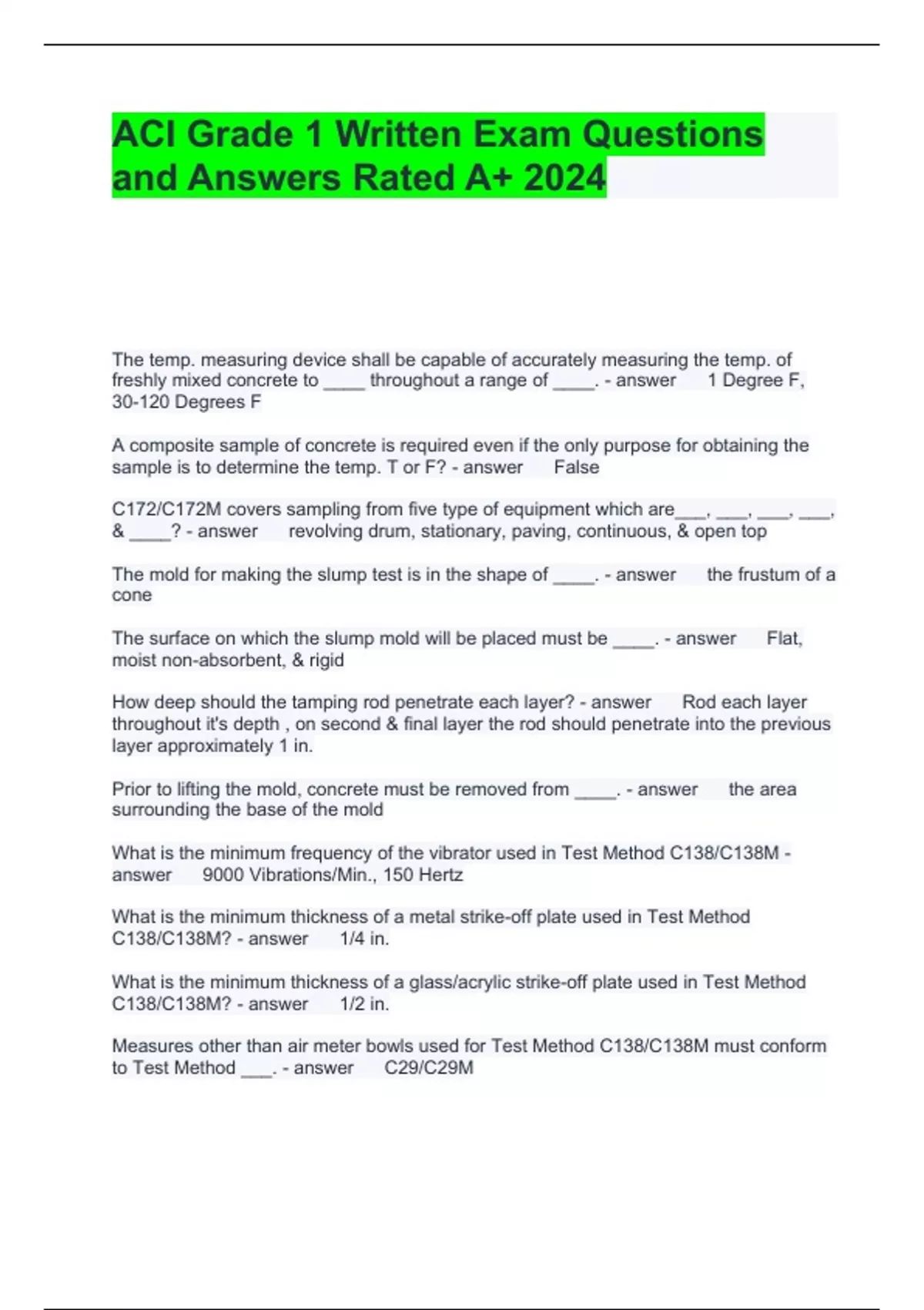 ACI Grade 1 Written Exam Questions and Answers Rated A+ 2024 - ACI ...