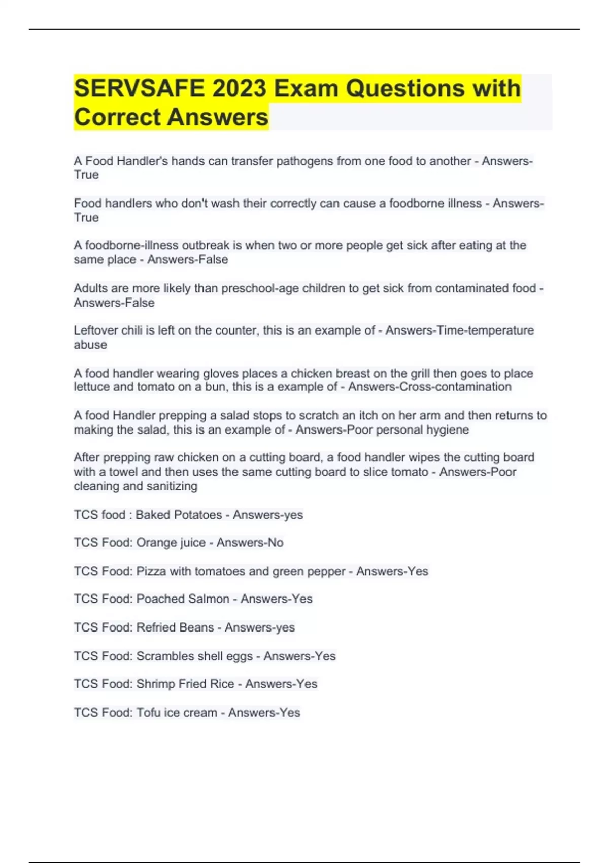 SERVSAFE Exam Questions with Correct Answers - Serv Safe - Stuvia US