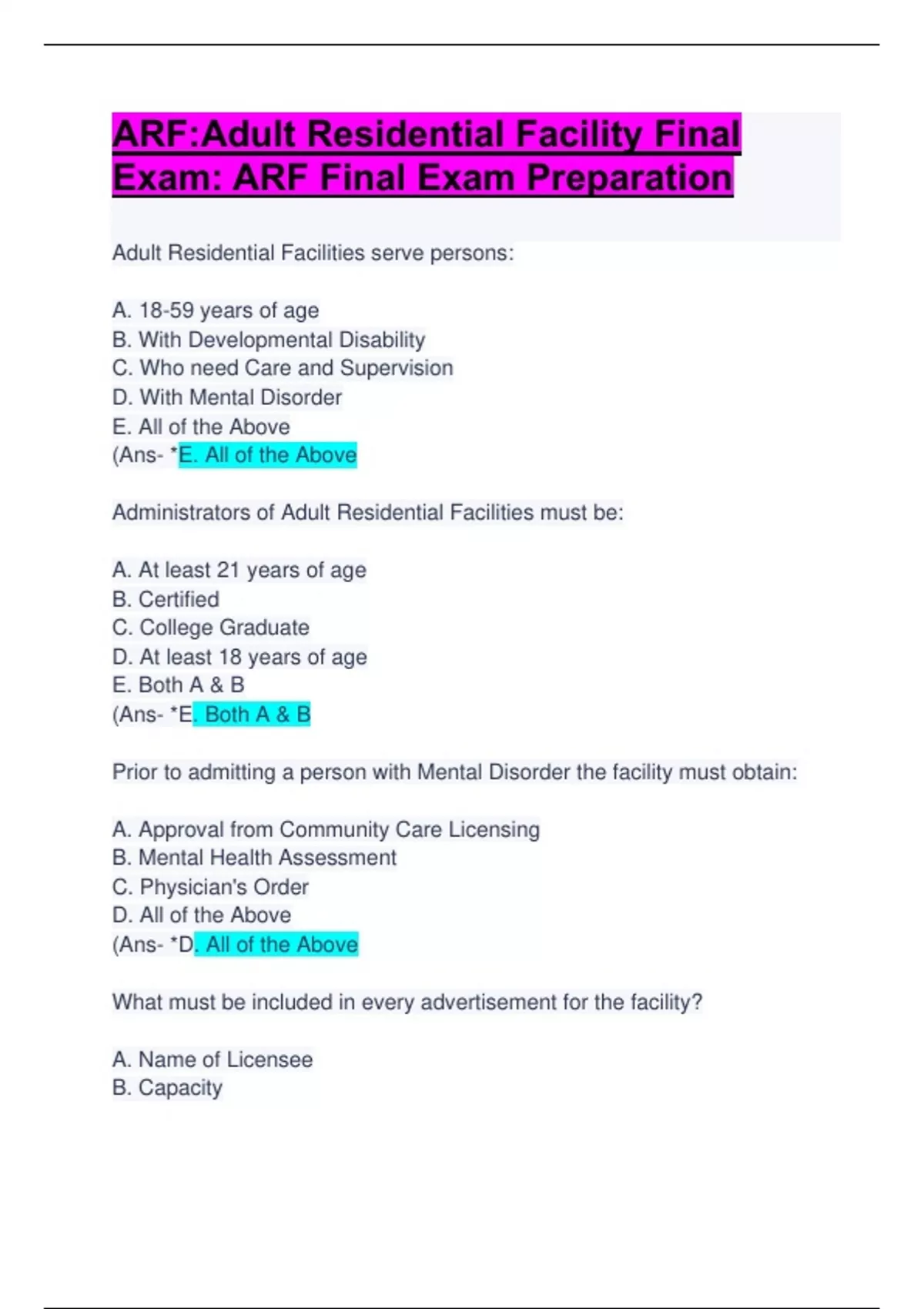 ARF:Adult Residential Facility Final Exam: ARF Final Exam Preparation 2024 - ARF - Stuvia US