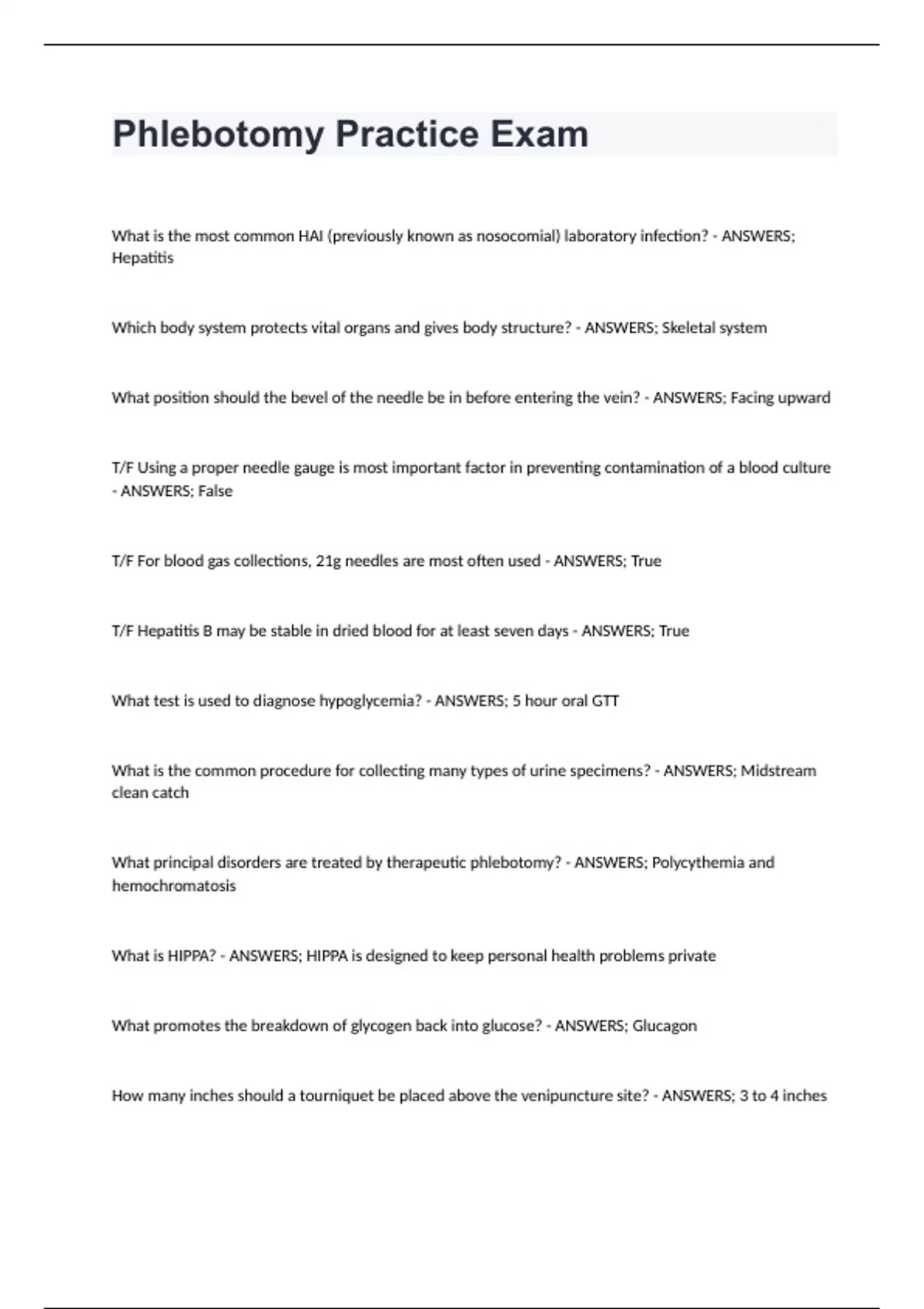 Phlebotomy Practice Exam with complete solutions - Phlebotomy - Stuvia US
