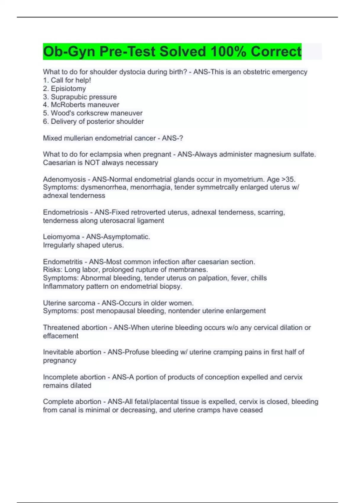 Ob-Gyn Pre-Test Solved 100% Correct - OB/GYN - Stuvia US