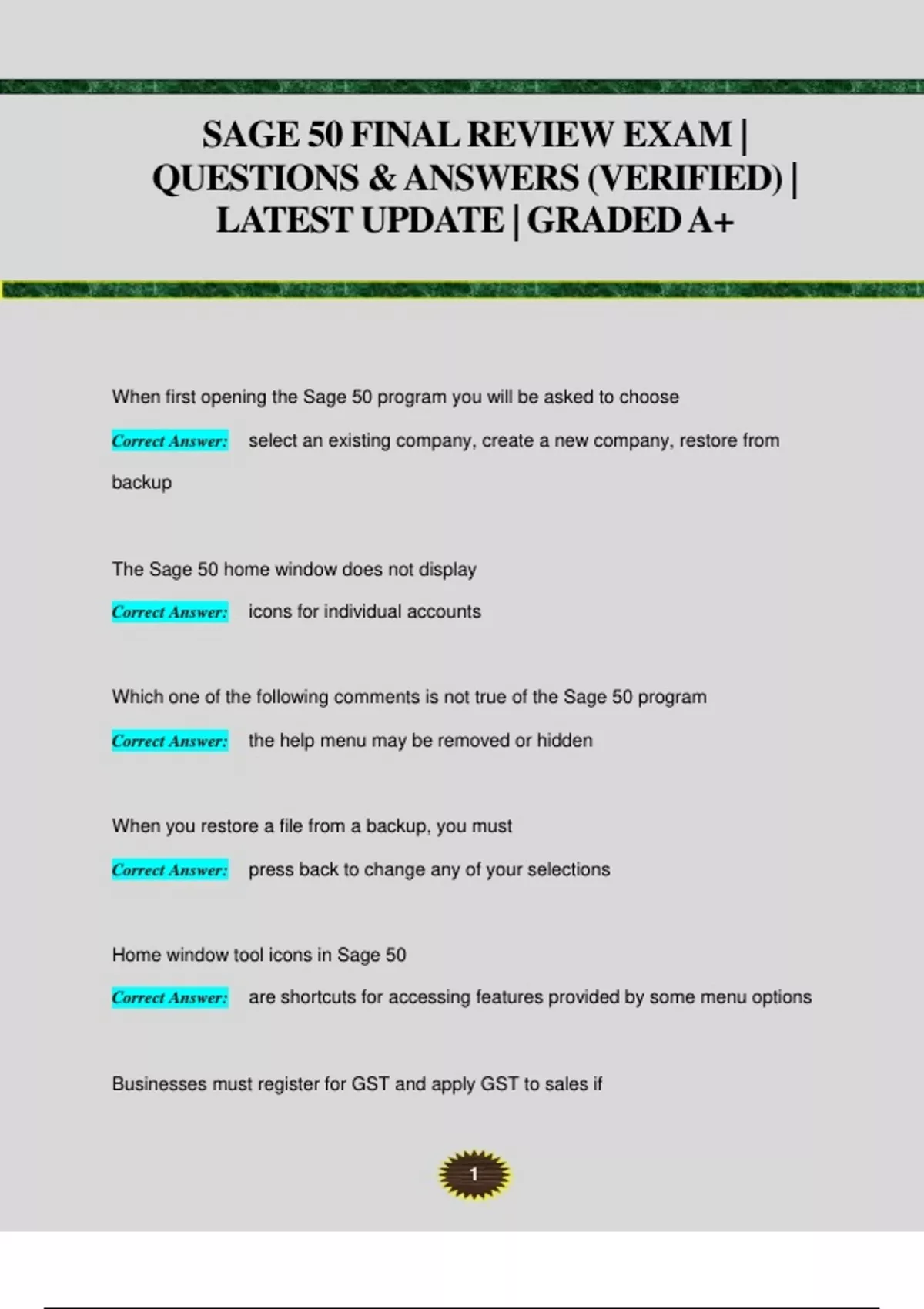 SAGE 50 FINAL REVIEW EXAM | QUESTIONS & ANSWERS (VERIFIED) | LATEST ...