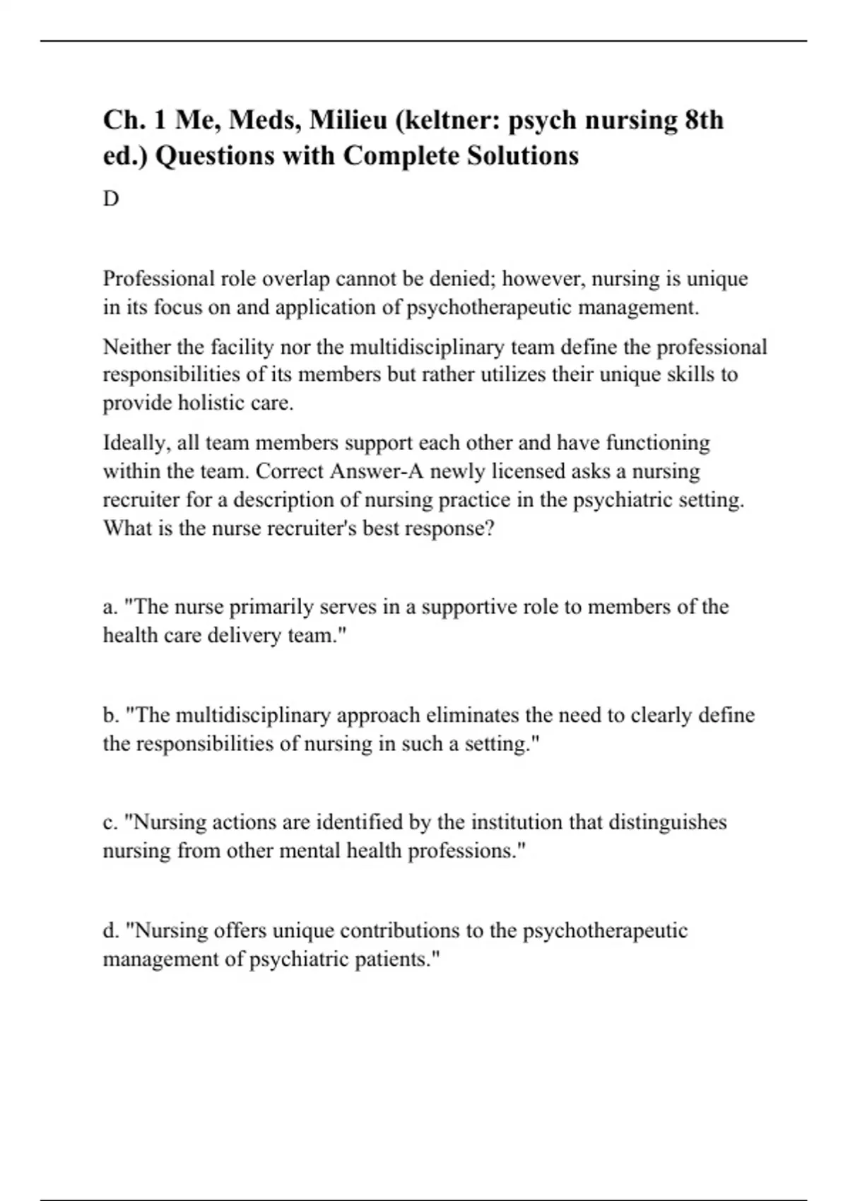 Ch. 1 Me, Meds, Milieu (keltner: psych nursing 8th ed.) Questions with ...
