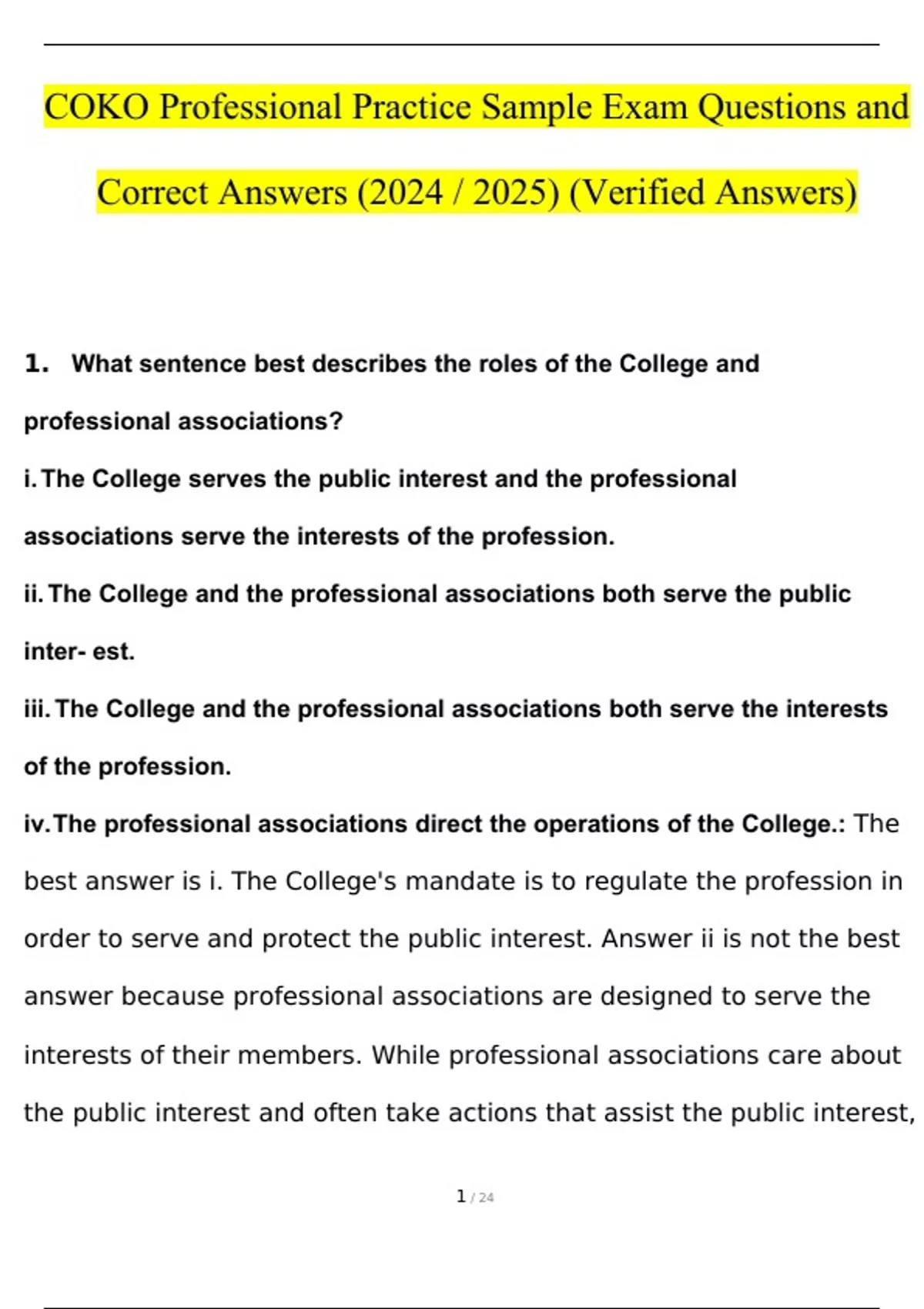 COKO Professional Practice Sample Exam Questions and Answers (2024 / ...