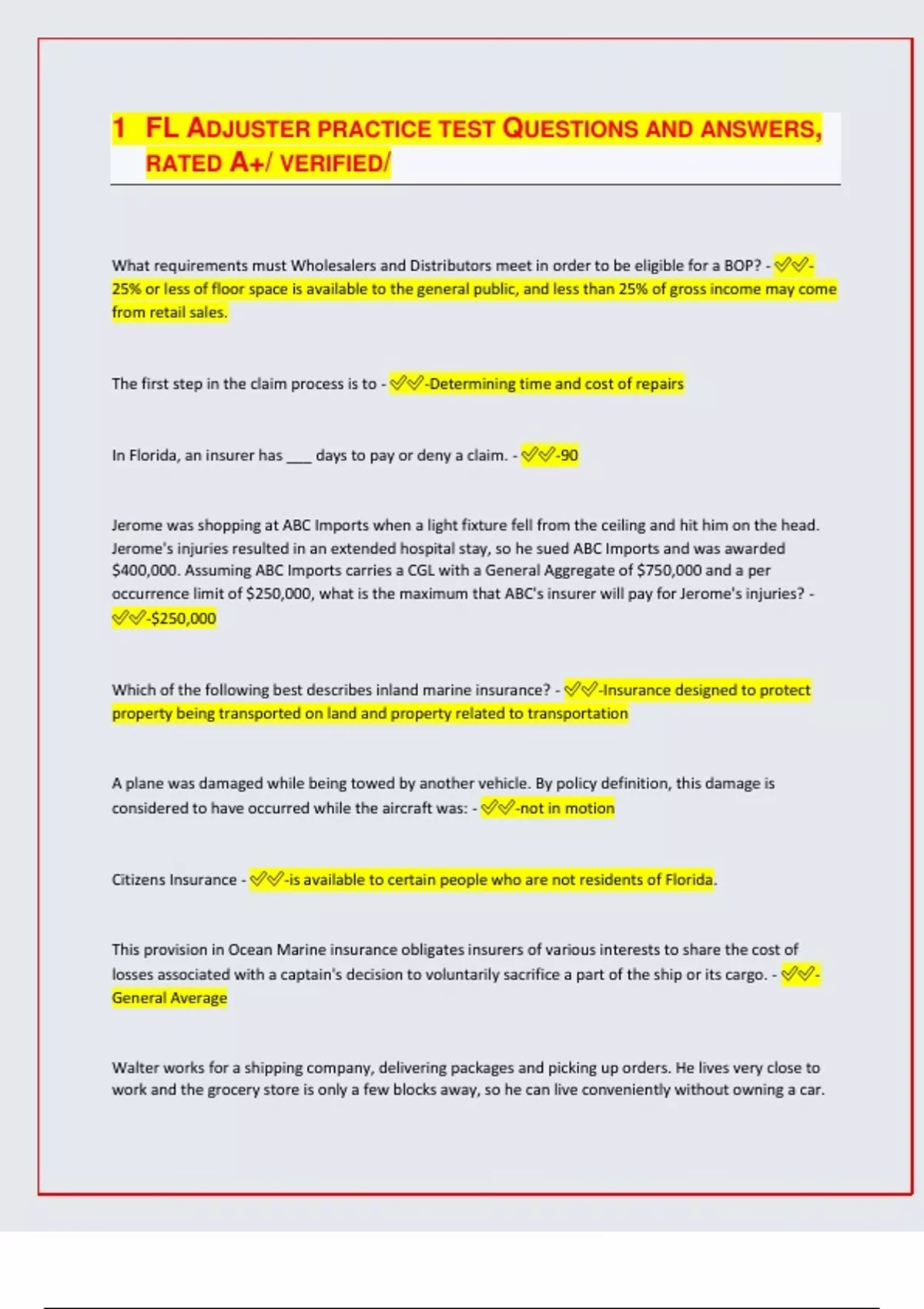1 FL ADJUSTER PRACTICE TEST QUESTIONS AND ANSWERS, RATED A+/ VE| LATEST ...