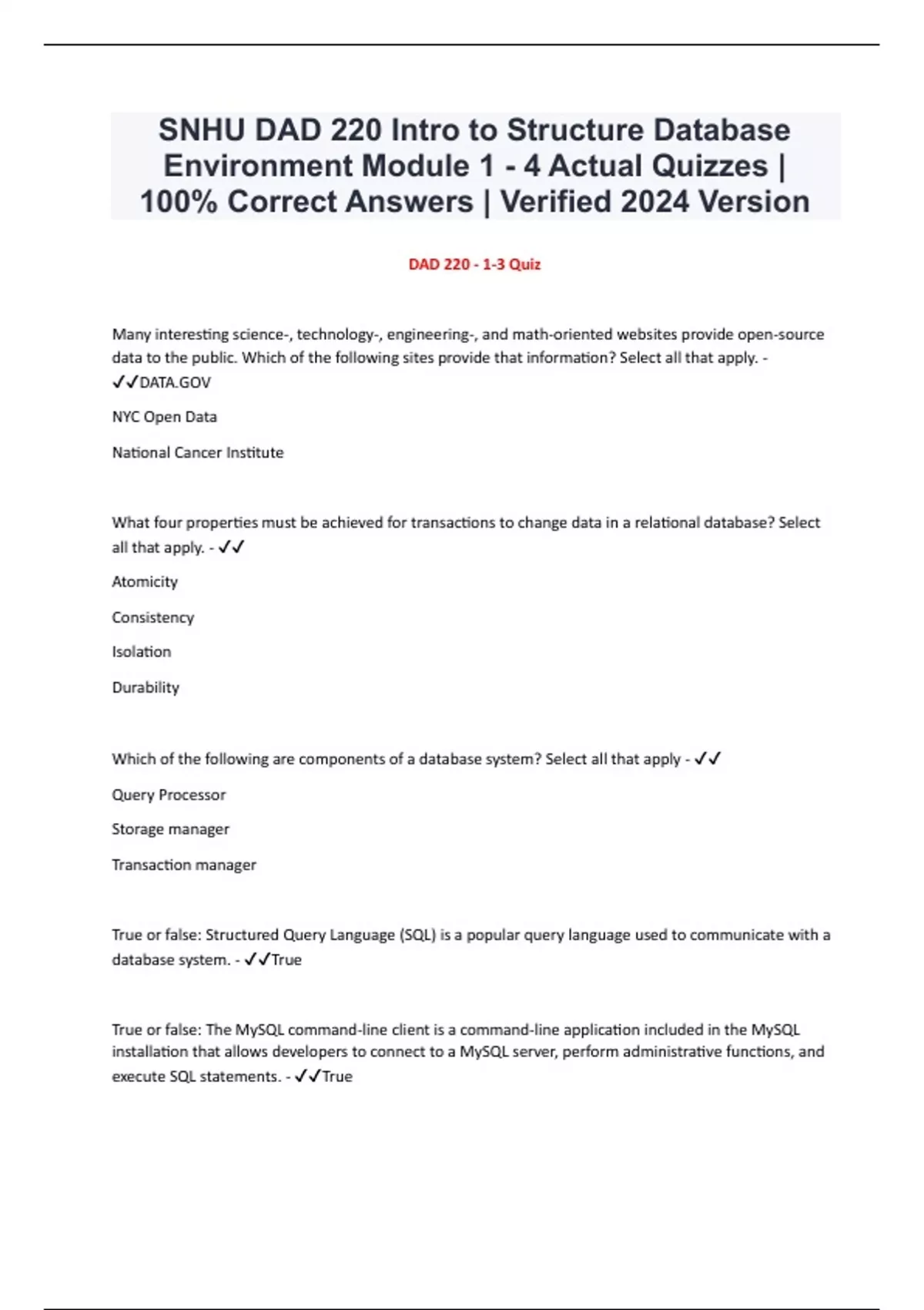 SNHU DAD 220 Intro to Structure Database Environment Module 1 - 4 Actual Quizzes | 100% Correct ...
