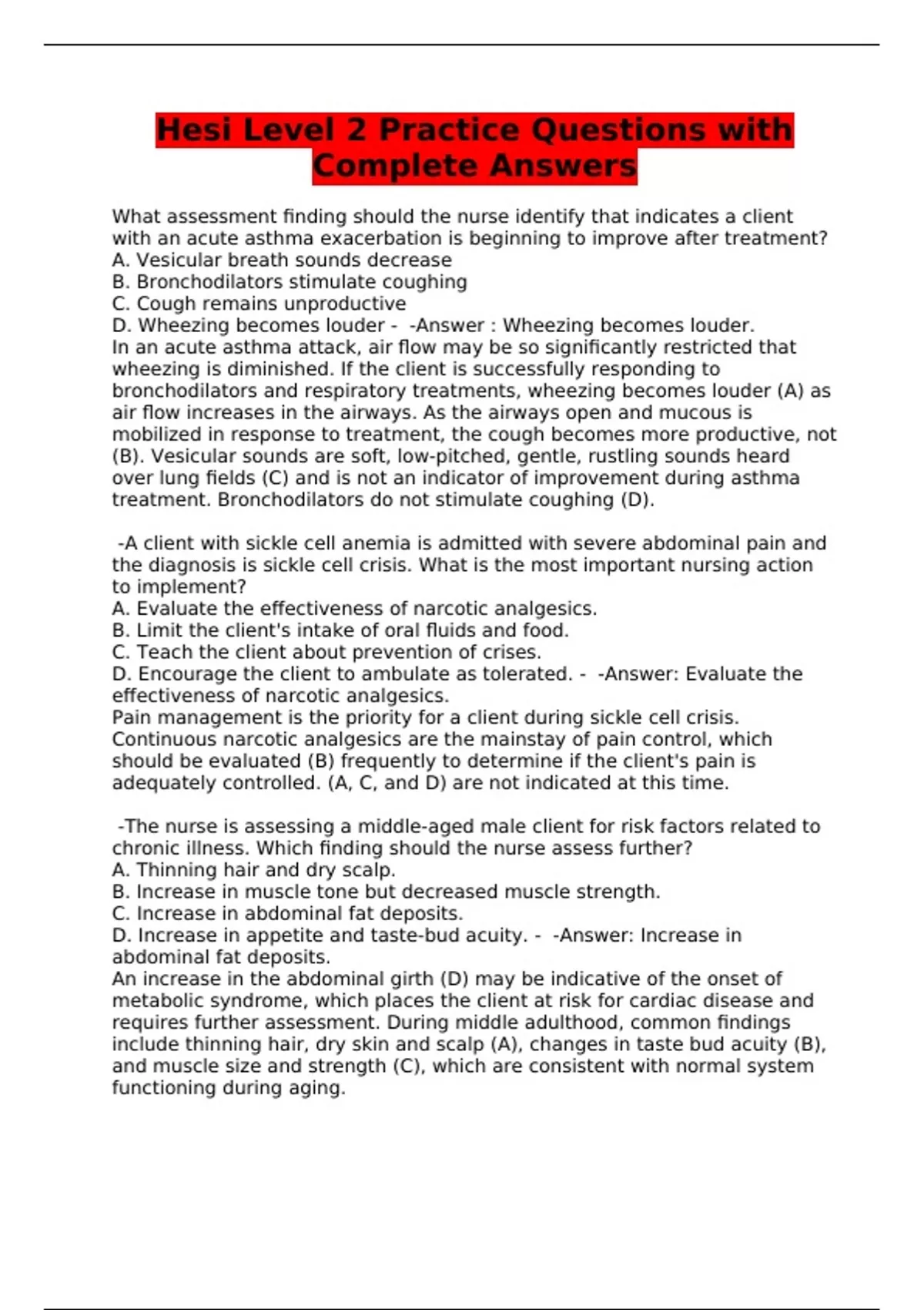 Hesi Level 2 Practice Questions with Complete Answers - Hesi Level 2 ...