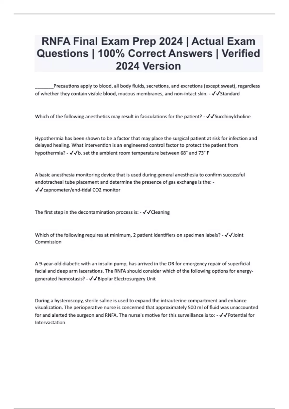 RNFA Final Exam Prep 2024 | Actual Exam Questions | 100% Correct Answers | Verified 2024 Version ...