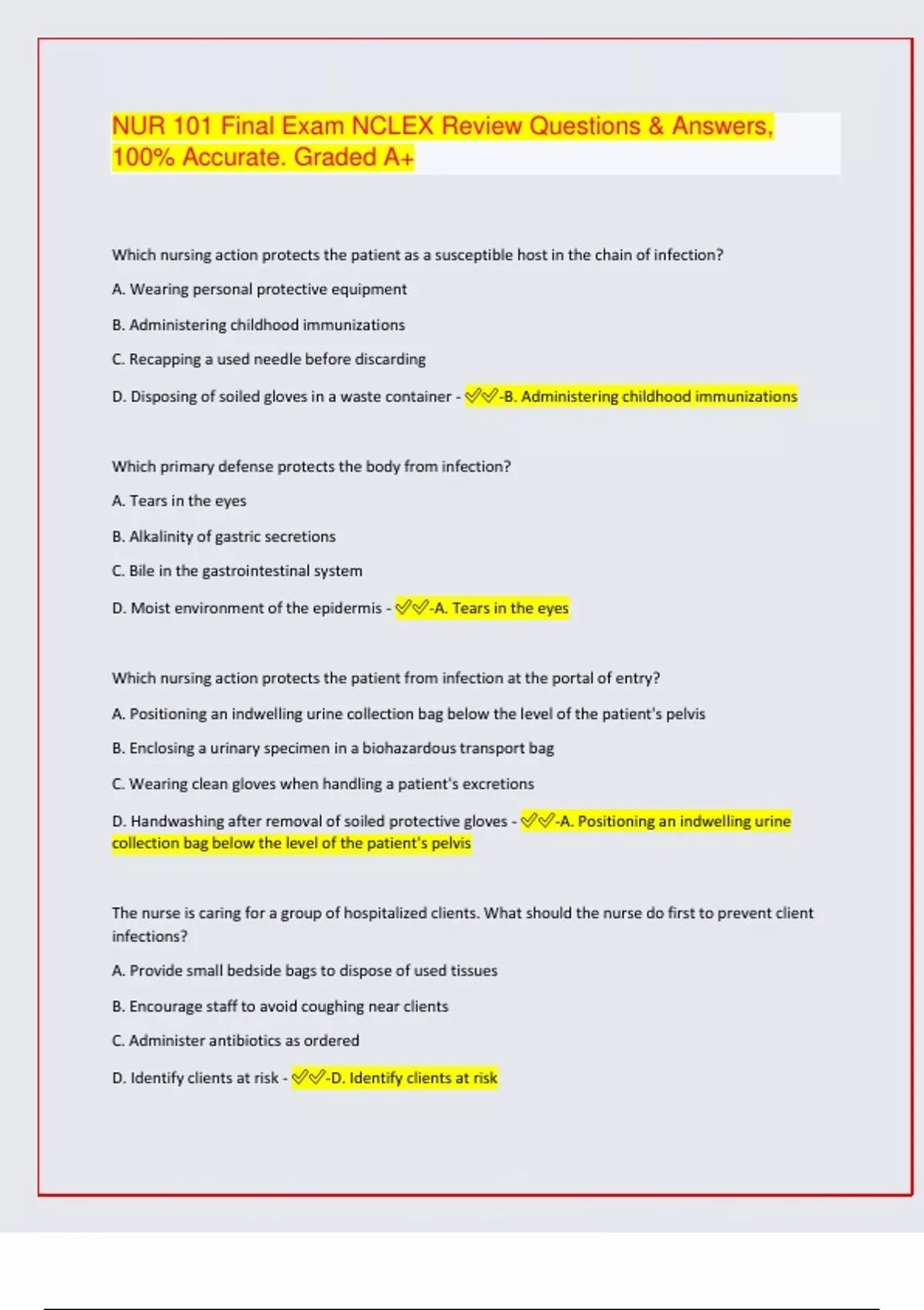 NUR 101 Final Exam NCLEX Review Questions & Answers, 100% Accurate ...