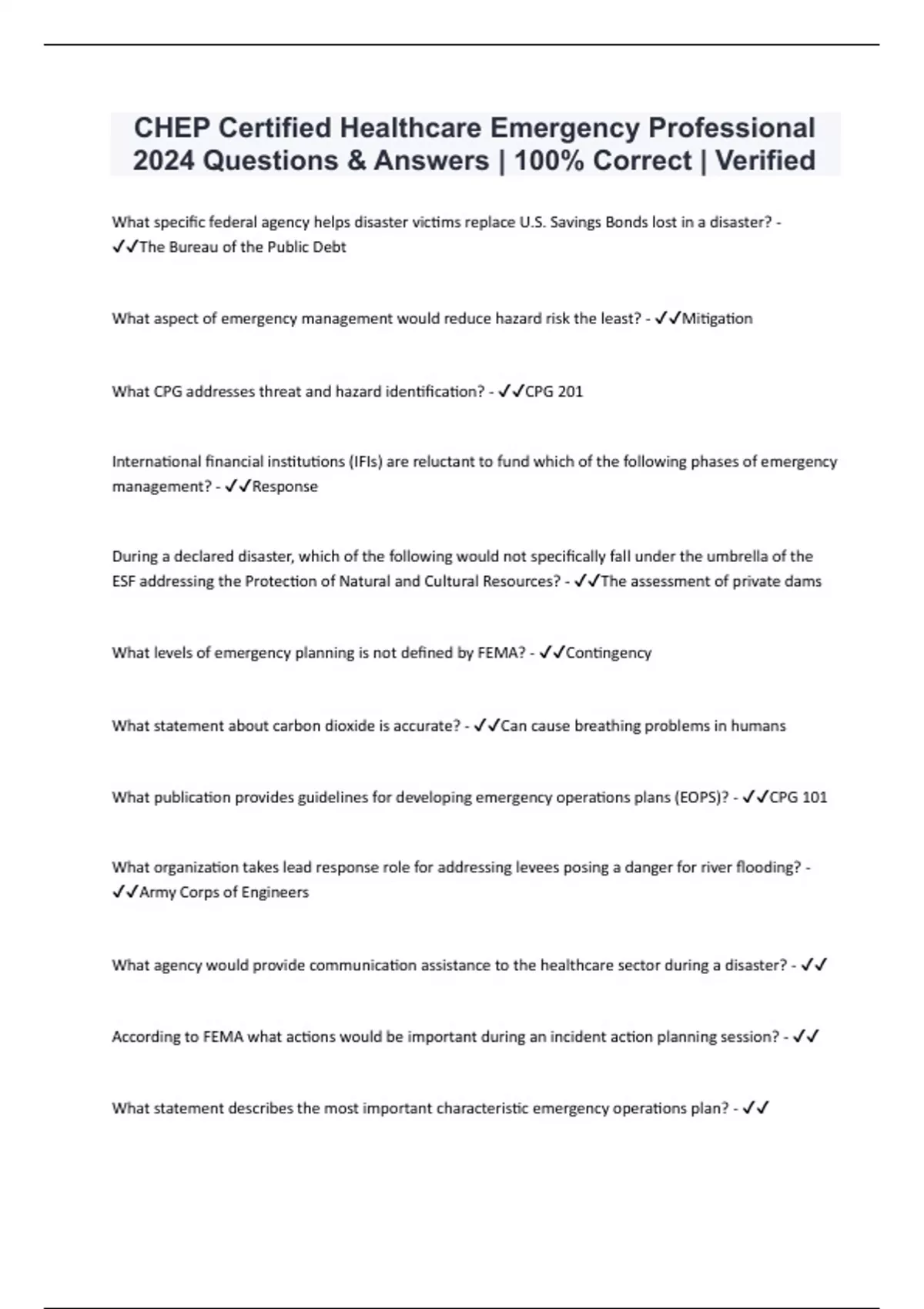 CHEP Certified Healthcare Emergency Professional 2024 Questions & Answers | 100% Correct ...