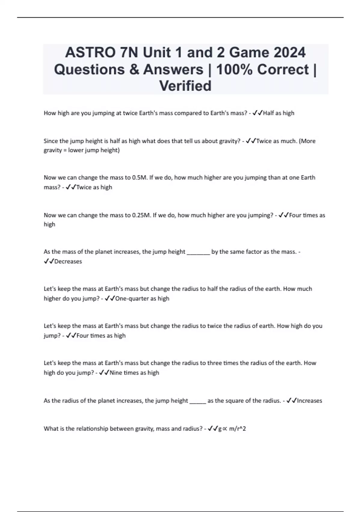 ASTRO 7N Unit 1 and 2 Game 2024 Questions & Answers | 100% Correct ...