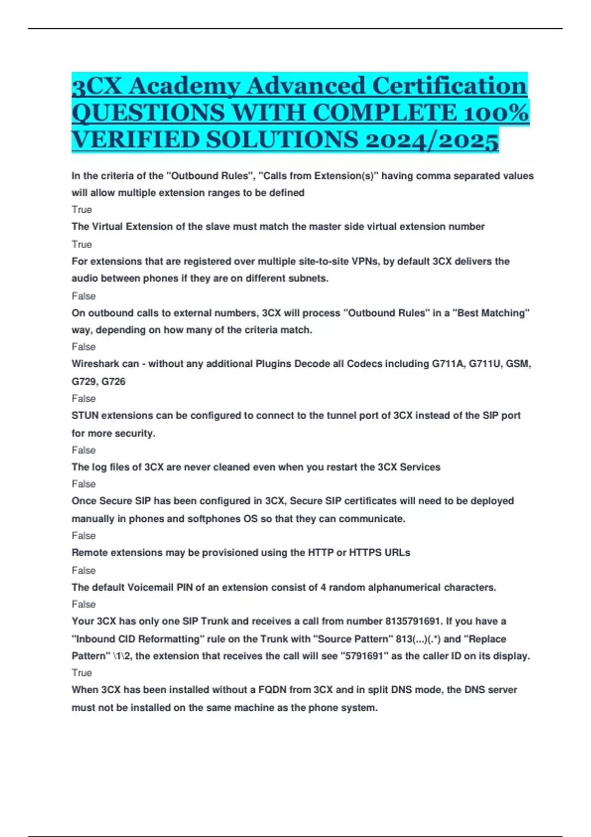 3CX Academy Advanced Certification QUESTIONS WITH COMPLETE 100% ...