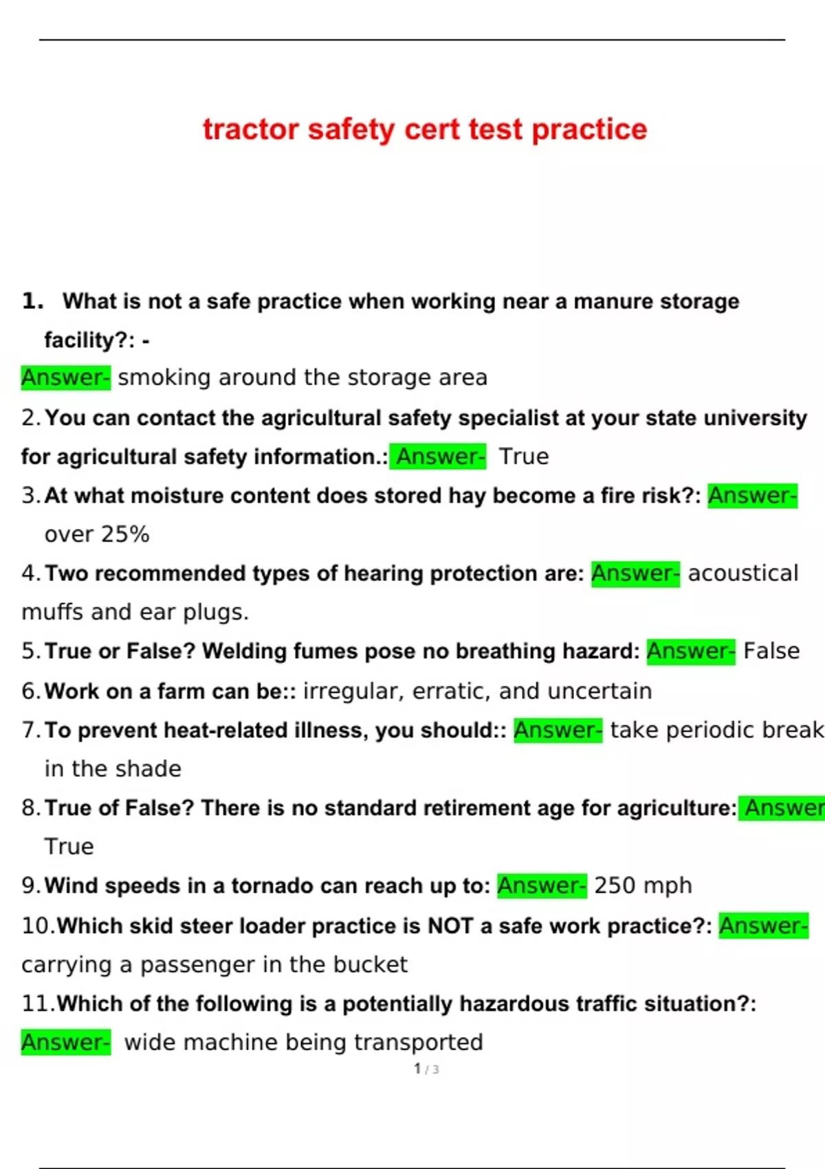Tractor Safety Cert Test Practice Questions And Answers 2024 With Complete Solution Tractor