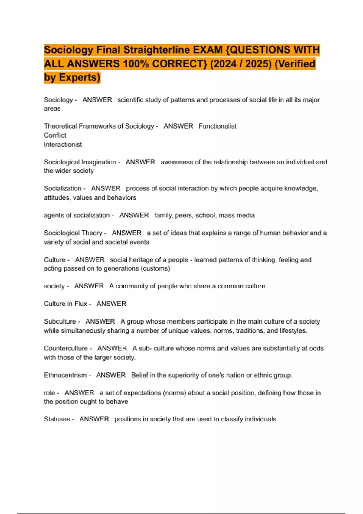 Sociology Final Straighterline EXAM {QUESTIONS WITH ALL ANSWERS 100% ...