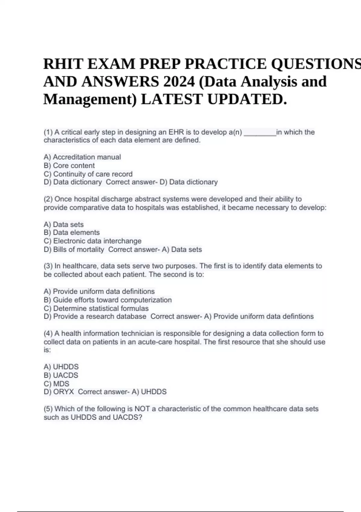 RHIT EXAM PREP PRACTICE QUESTIONS AND ANSWERS 2024 (Data Analysis and ...