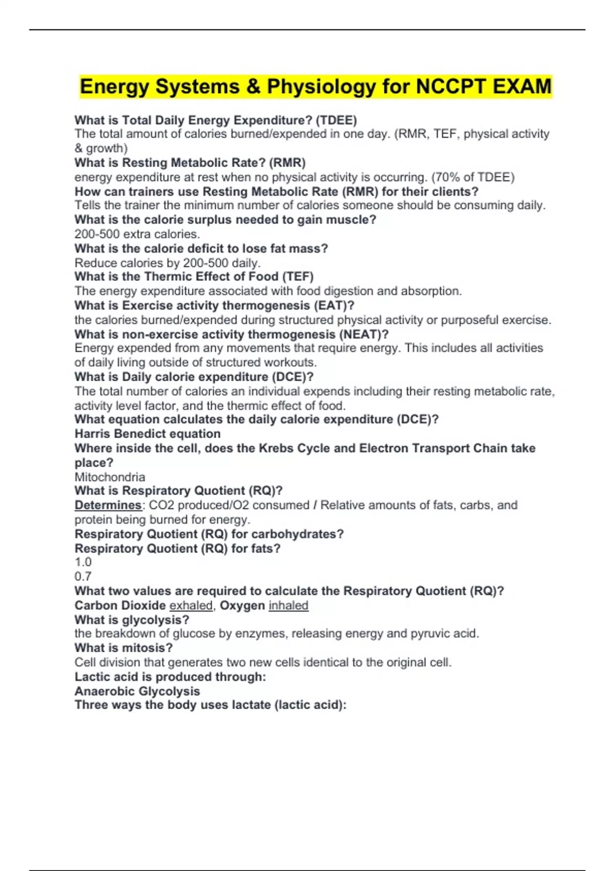 Energy Systems & Physiology for NCCPT EXAM - NCCPT - Stuvia US