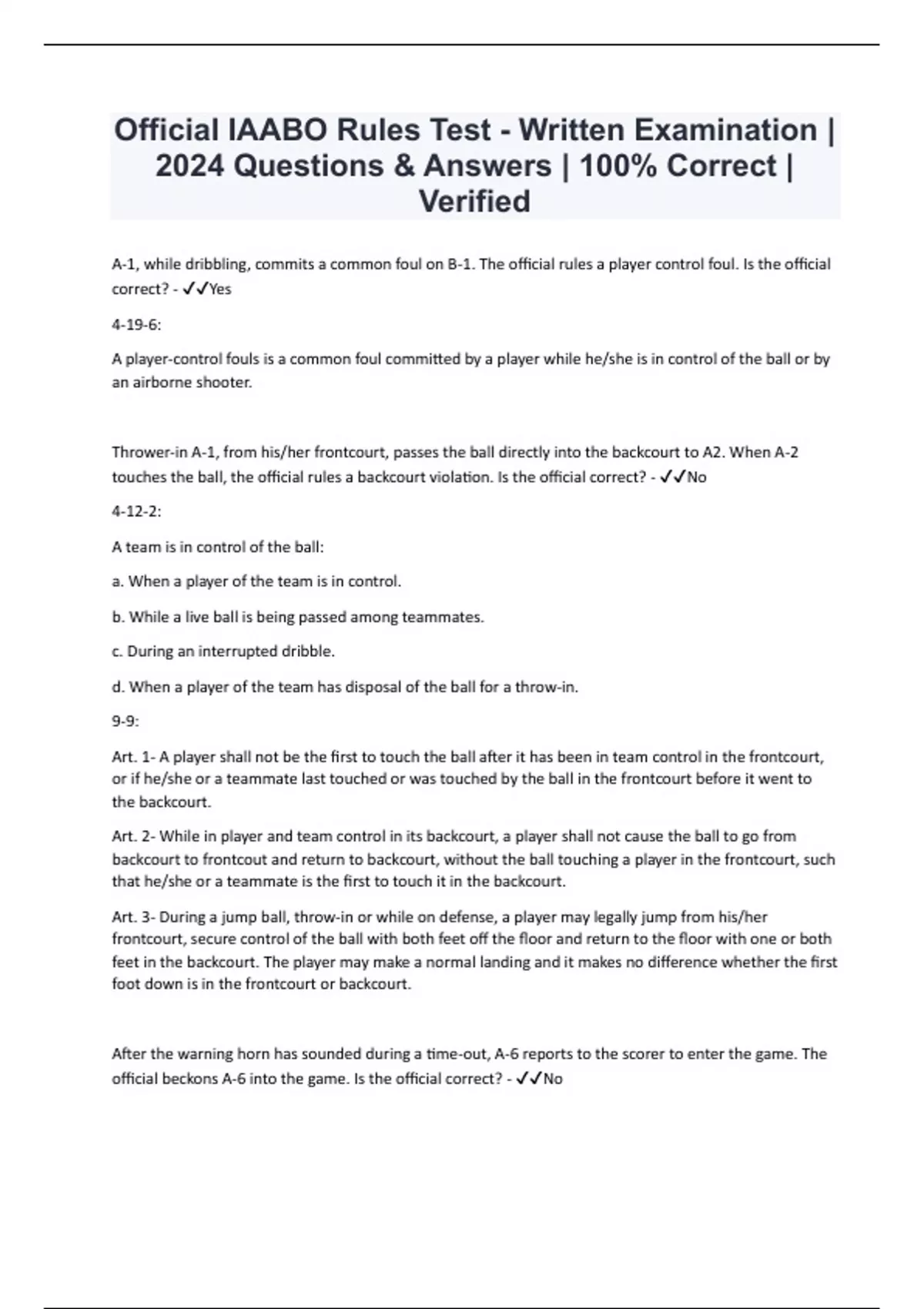 Official IAABO Rules Test - Written Examination | 2024 Questions ...