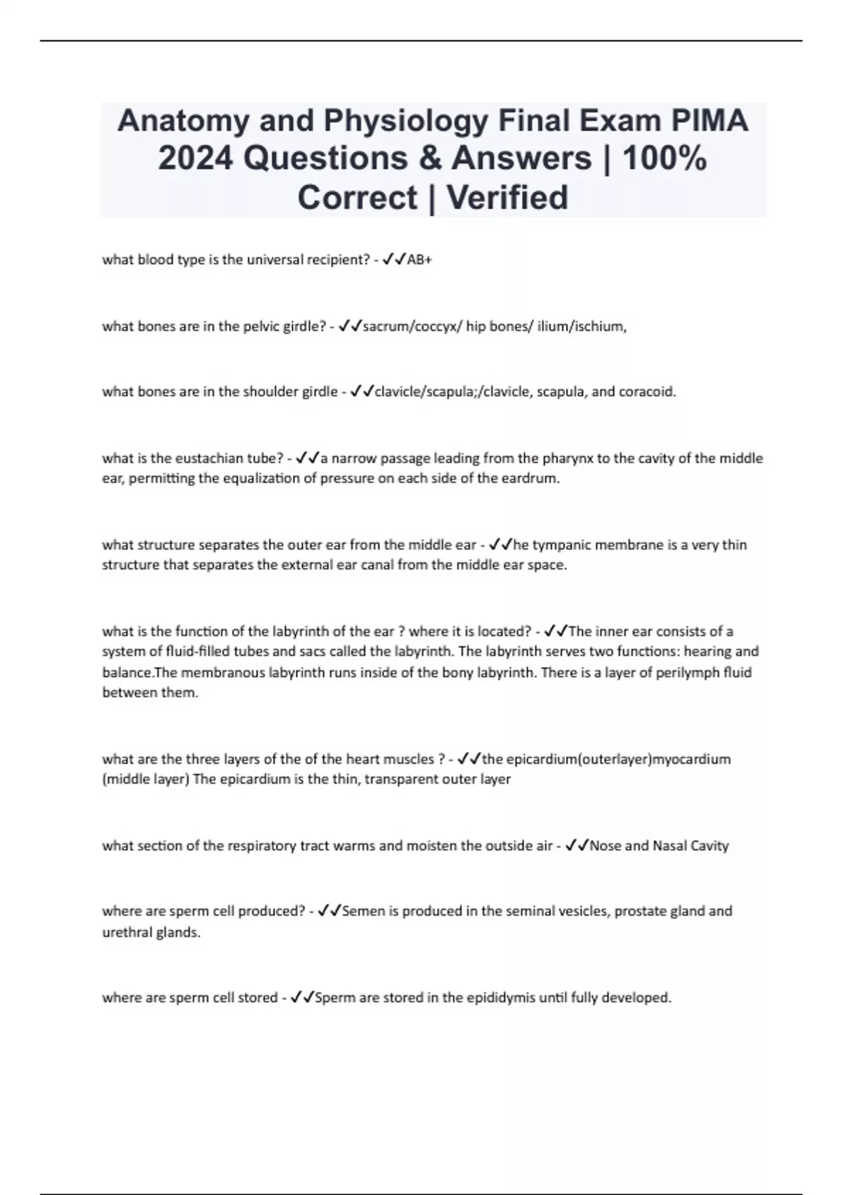 Anatomy and Physiology Final Exam PIMA 2024 Questions & Answers | 100% Correct | Verified ...