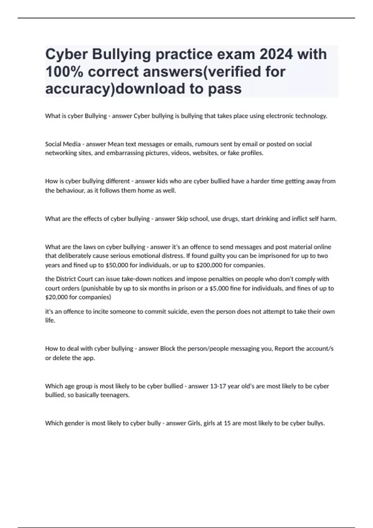 Cyber Bullying practice exam 2024 with 100% correct answers(verified ...