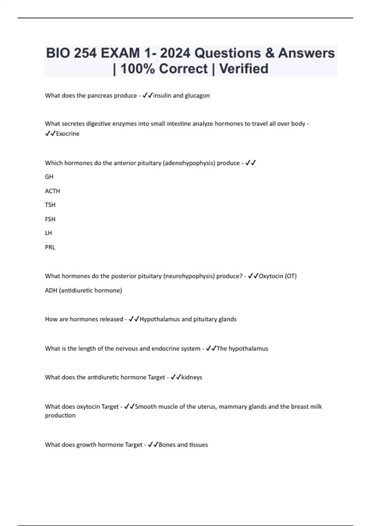 BIO 254 EXAM 1- 2024 Questions & Answers | 100% Correct | Verified ...