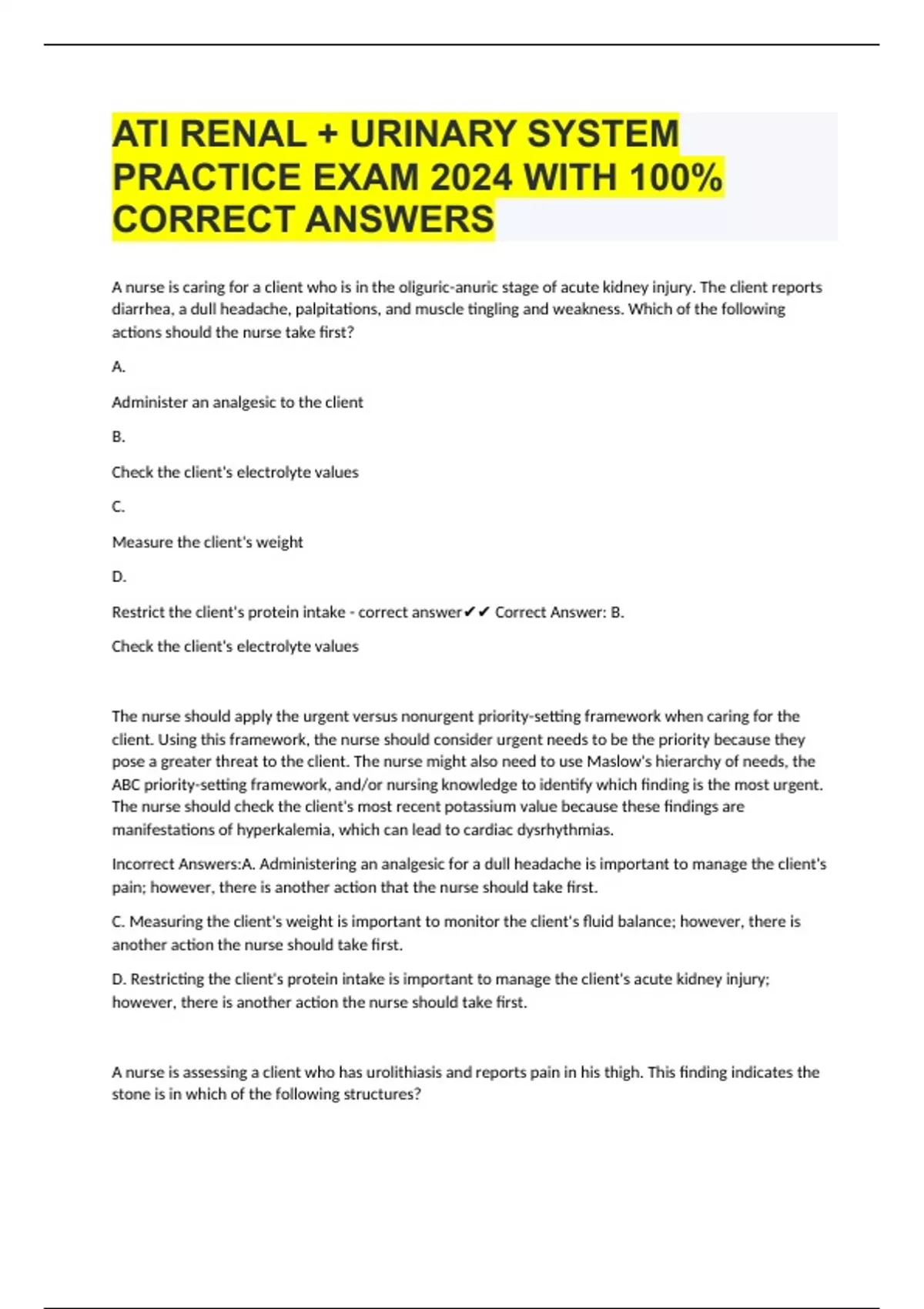 ATI RENAL + URINARY SYSTEM PRACTICE EXAM 2024 WITH 100% CORRECT ANSWERS ...