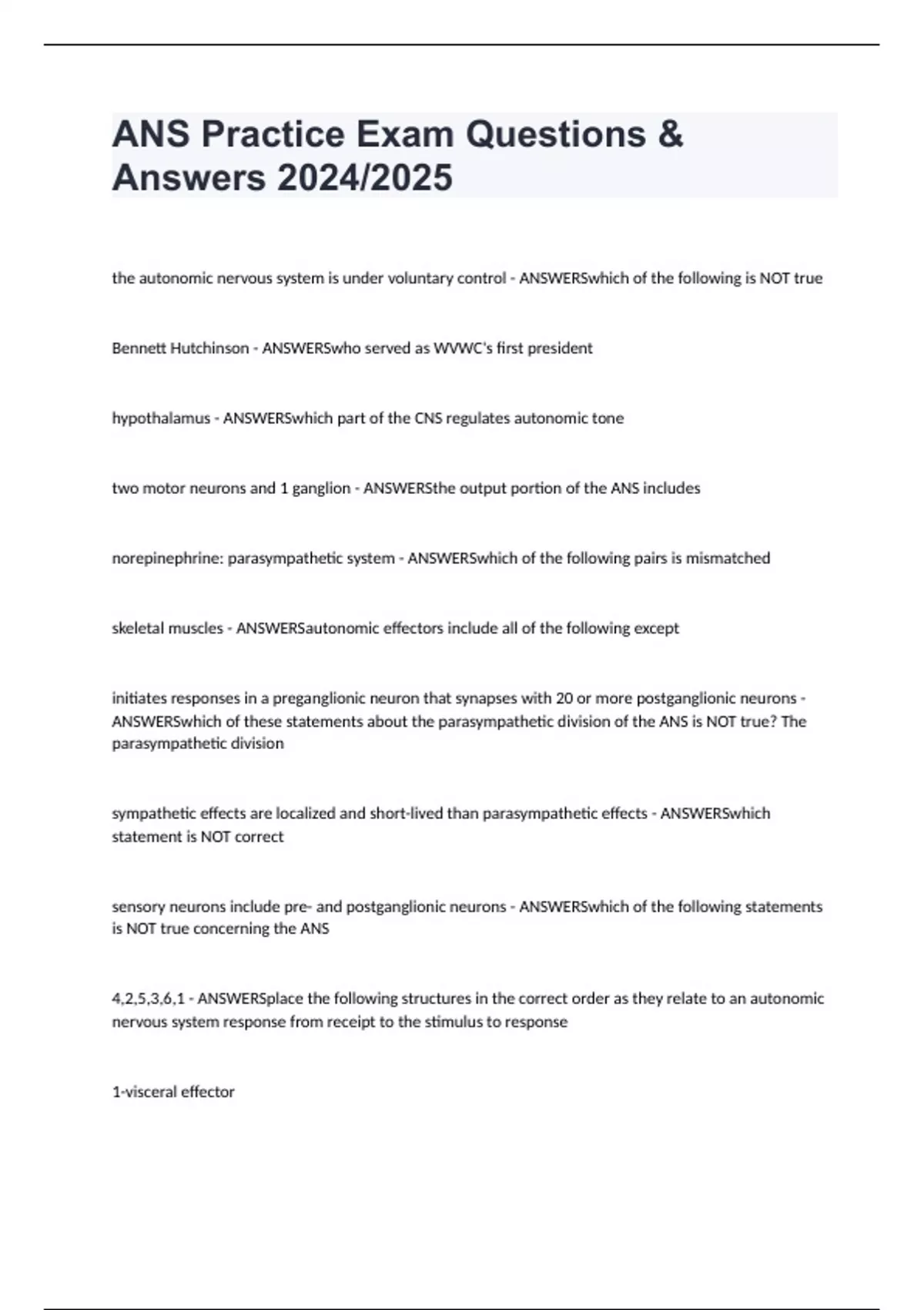 ANS Practice Exam Questions & Answers 2024/2025 - ANS - Stuvia US