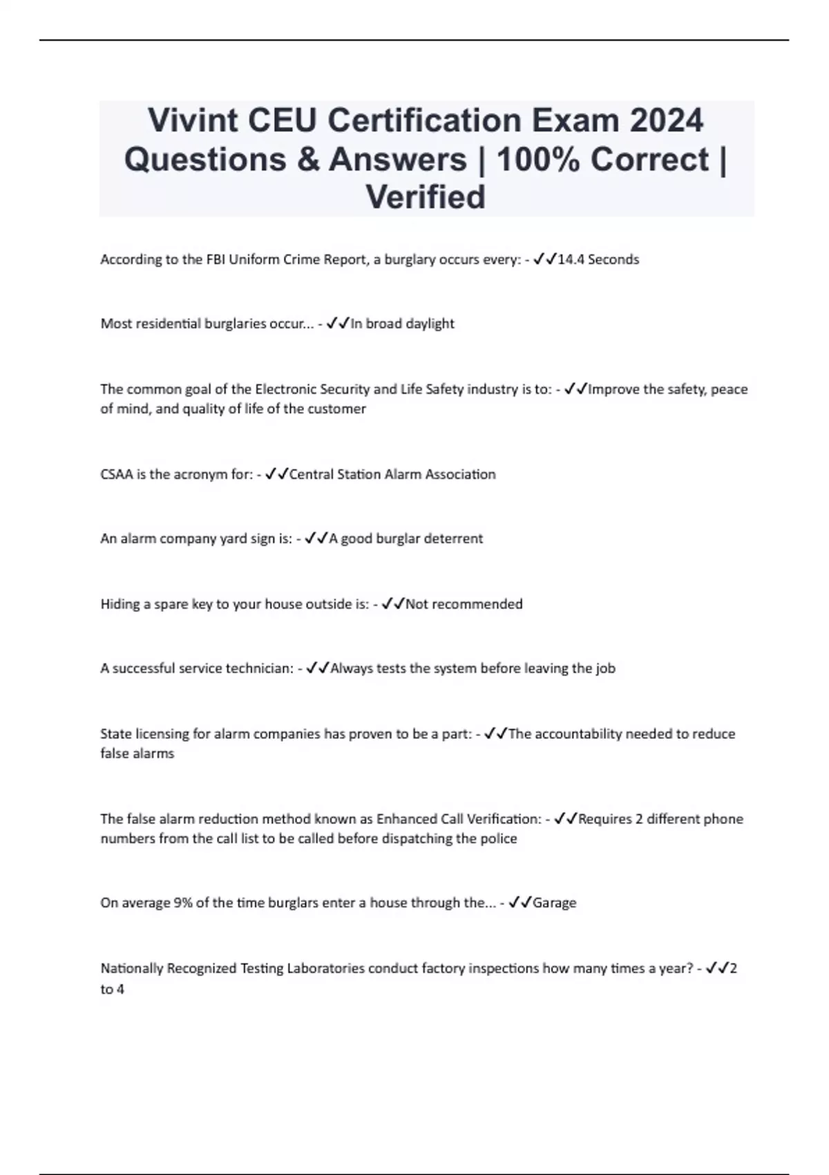 Vivint CEU Certification Exam 2024 Questions & Answers | 100% Correct ...