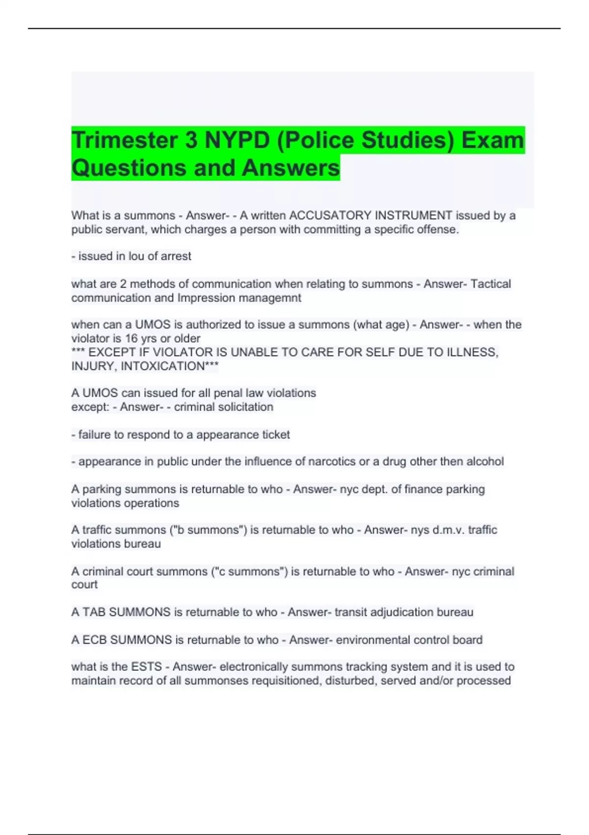 Trimester 3 NYPD (Police Studies) Exam Questions and Answer 2024 - NYPD - Stuvia US