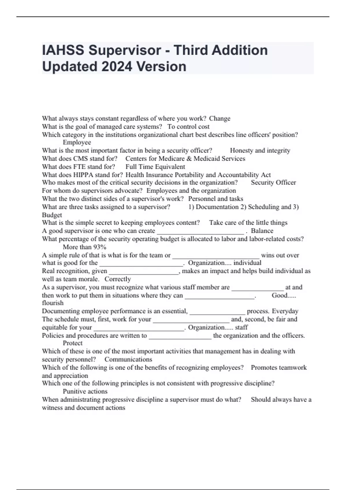 IAHSS Supervisor - Third Addition Updated 2024 Version - Iahss - Stuvia US