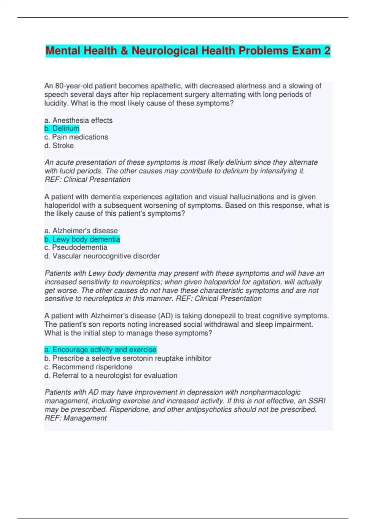Mental Health & Neurological Health Problems Exam 2 - Answered with ...