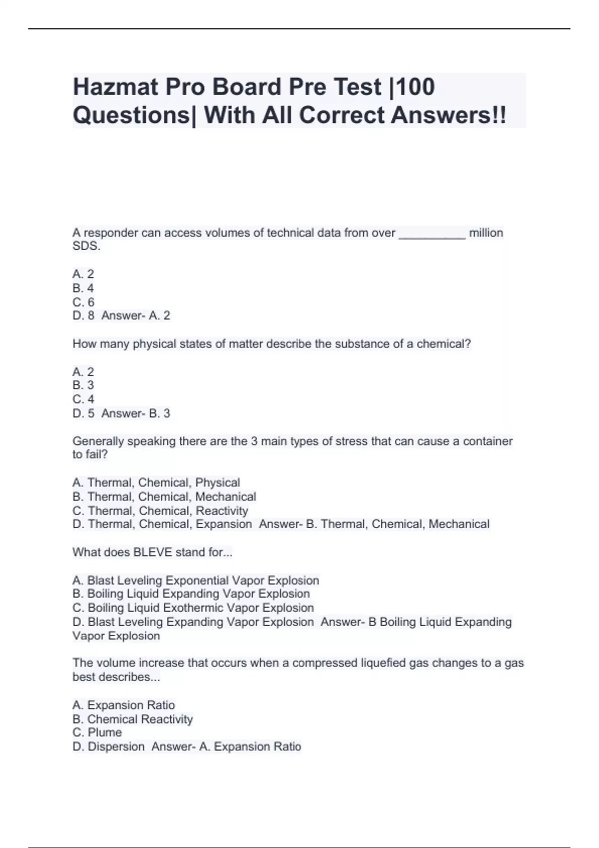 Hazmat Pro Board Pre Test |100 Questions| With All Correct Answers ...