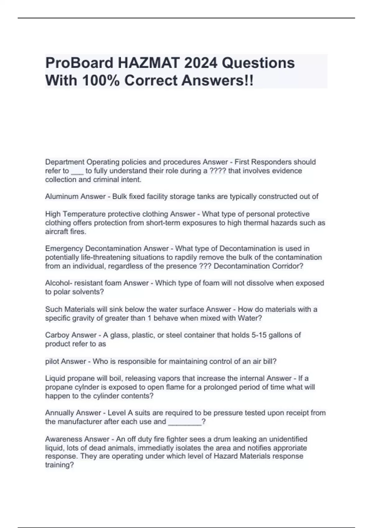 ProBoard HAZMAT 2024 Questions With 100% Correct Answers!! - HAZMAT PRO - Stuvia US