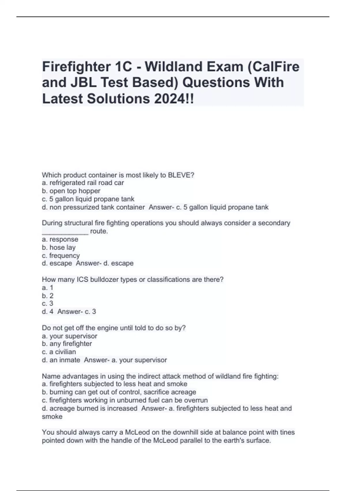 Firefighter 1C - Wildland Exam (CalFire and JBL Test Based) Questions ...