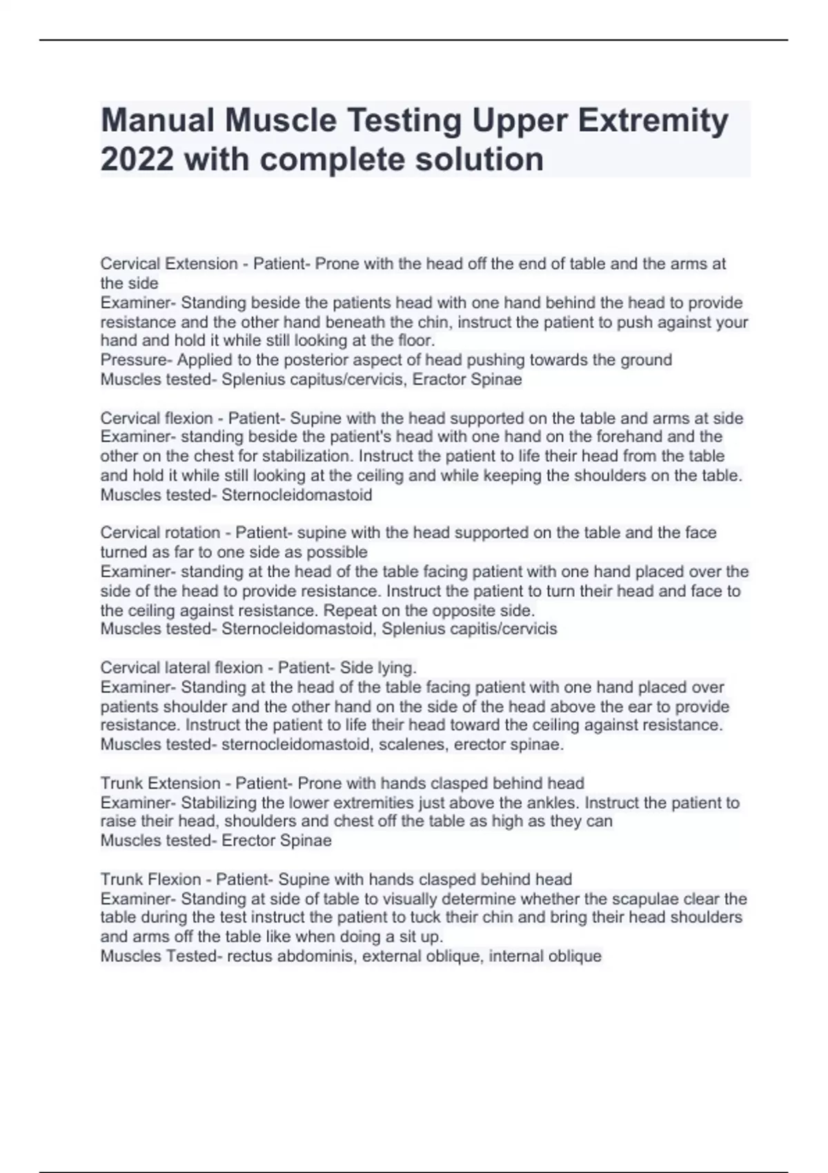 MANUAL MUSCLE TESTING UPPER EXTREMITY 2024 WITH COMPLETE SOLUTION - CNA ...