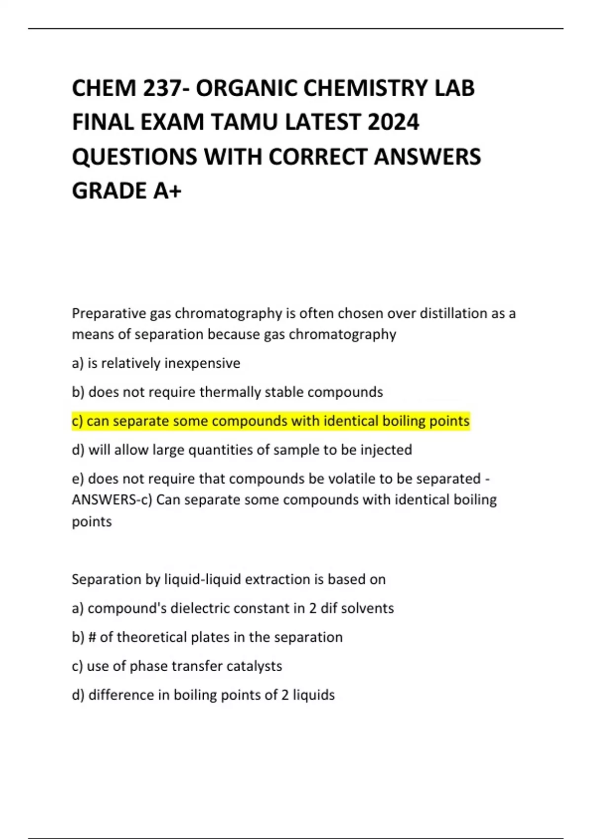 CHEM 237- ORGANIC CHEMISTRY LAB FINAL EXAM TAMU LATEST 2024 QUESTIONS ...