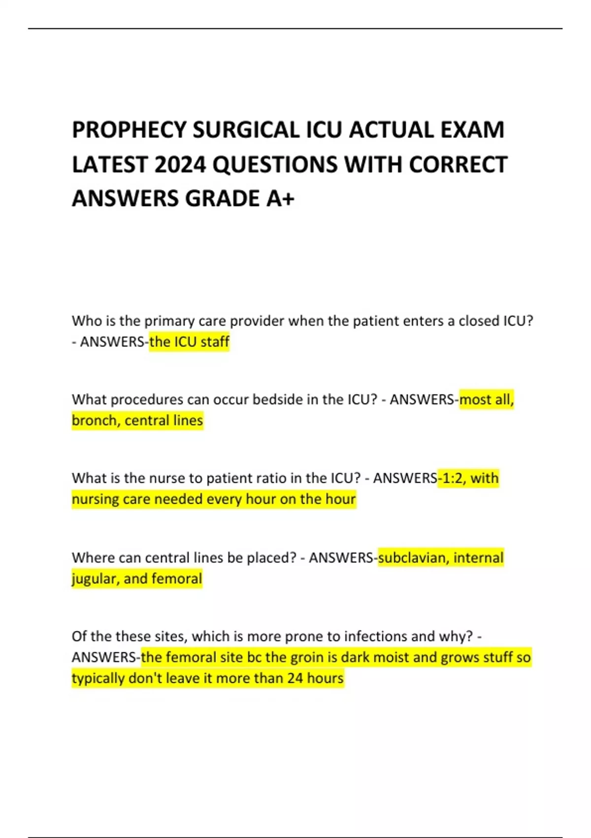 PROPHECY SURGICAL ICU ACTUAL EXAM LATEST 2024 QUESTIONS WITH CORRECT ...