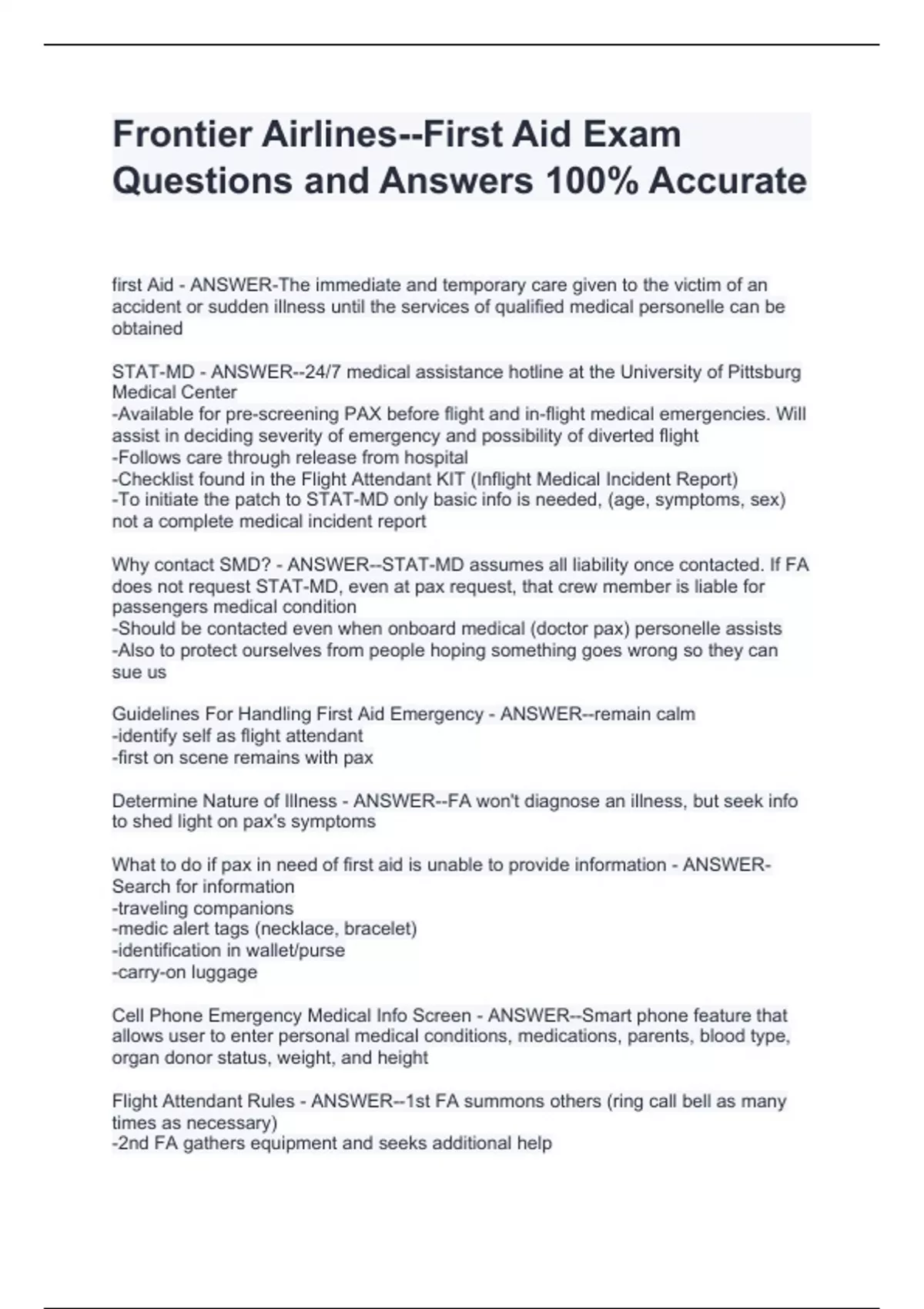 Frontier Airlines--First Aid Exam Questions and Answers 100% Accurate - Frontier Airlines--First ...