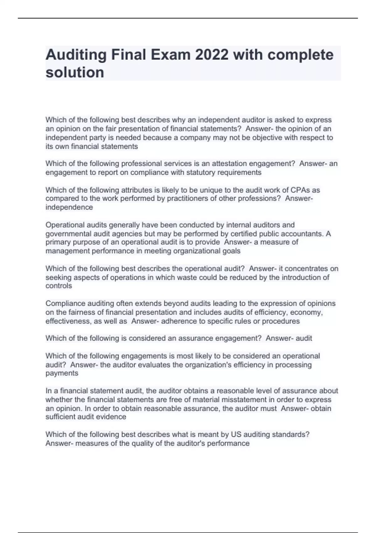 AUDITING FINAL EXAM 2024 WITH COMPLETE SOLUTION - CNA - Certified ...