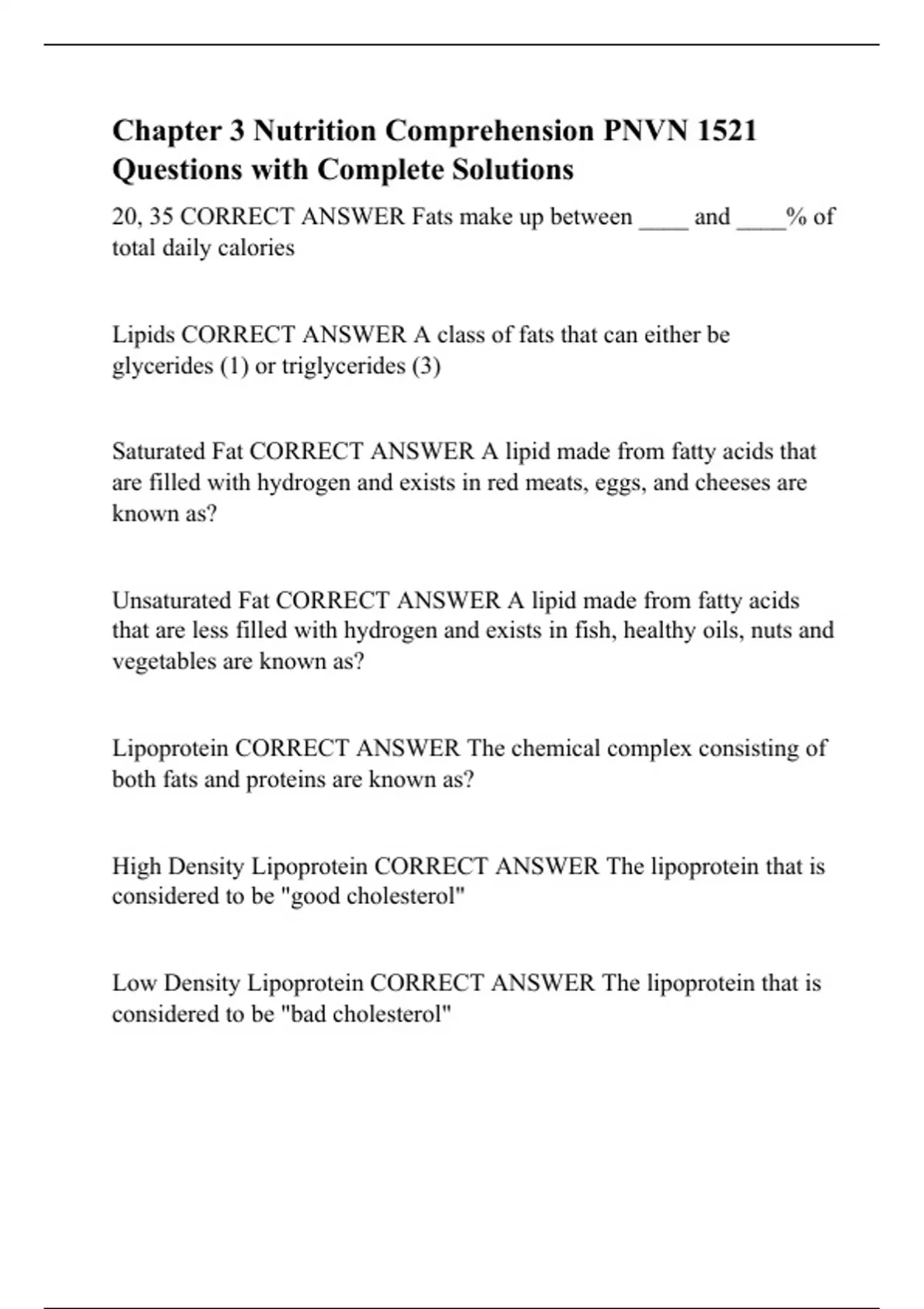 Chapter 3 Nutrition Comprehension PNVN 1521 Questions with Complete Solutions - RN- Nursing ...