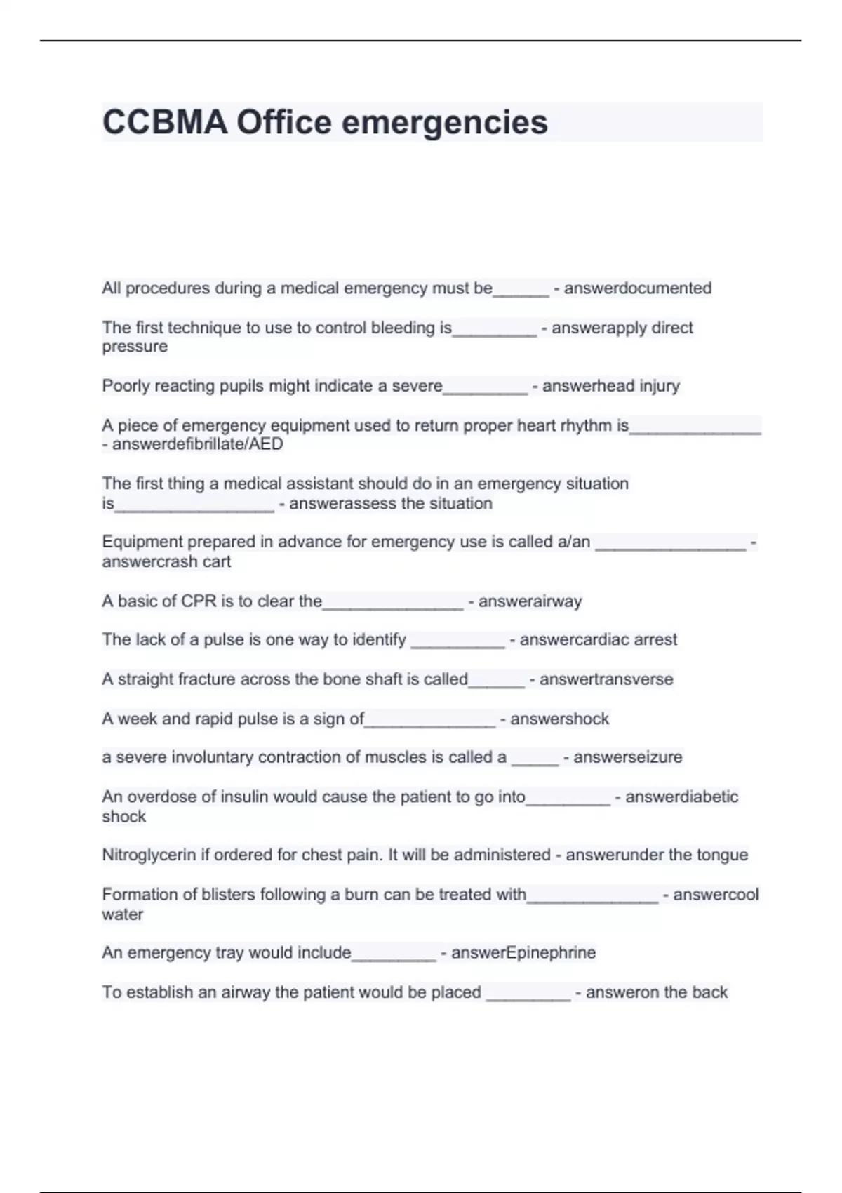 CCBMA Office emergencies Questions with correct Answers 2024 - CCBMA ...